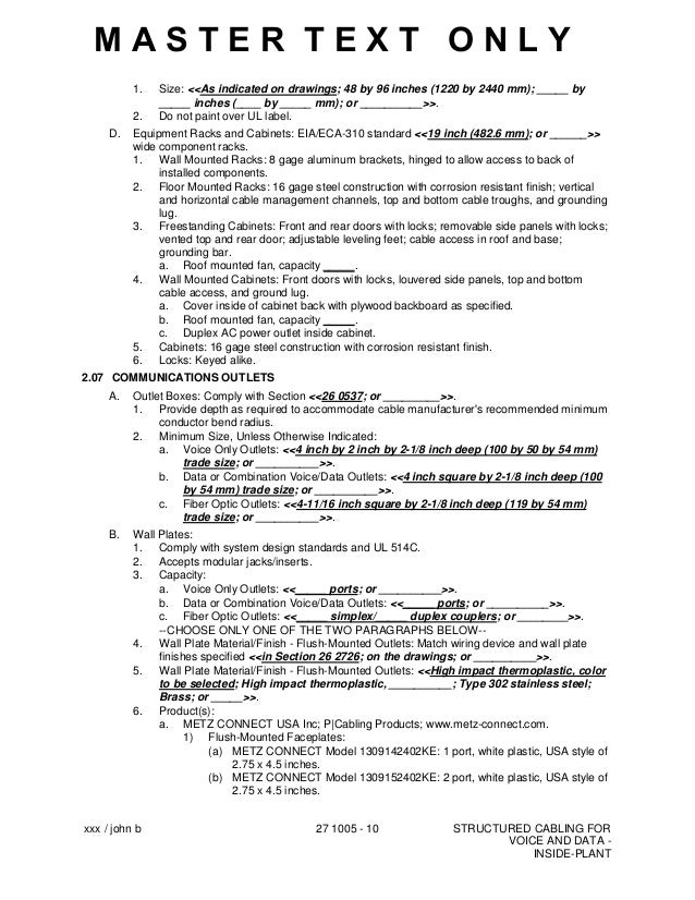 CSI Master Format Specification 271005 Structured Cabling For Voice A CSI Master Format Specification 271005 Structured Cabling For Voice A