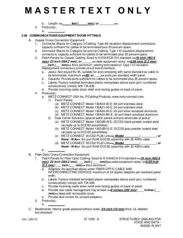 CSI Master Format Specification 271005 Structured Cabling for Voice a…