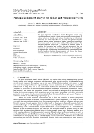 Principal component analysis for human gait recognition system | PDF