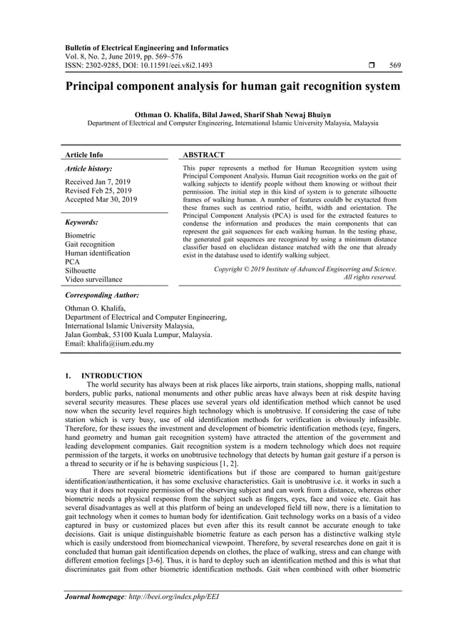 Principal component analysis for human gait recognition system | PDF