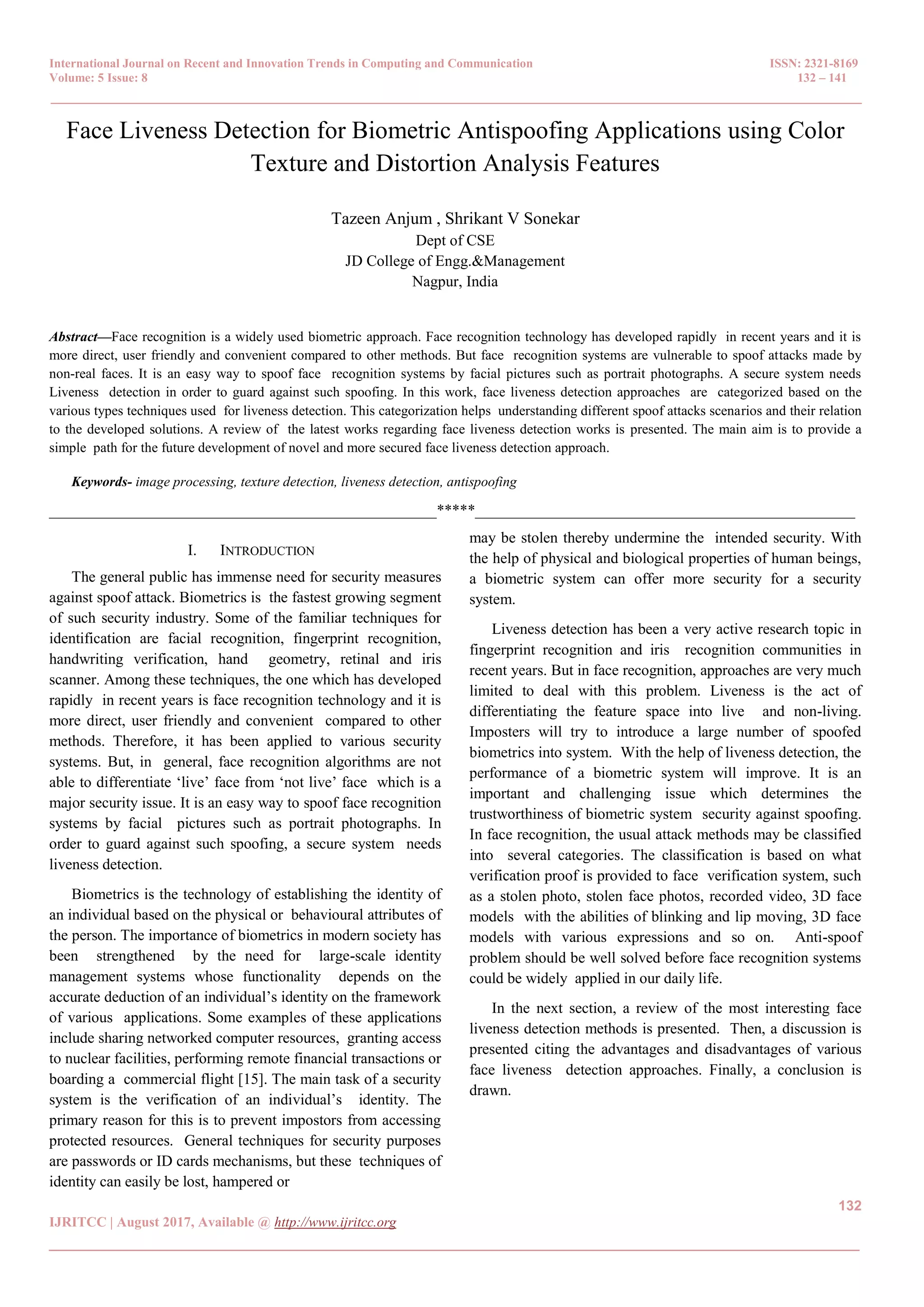 Face Liveness Detection for Biometric Antispoofing Applications using Color Texture and ...