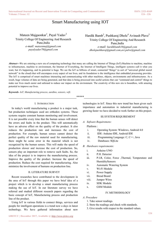 Smart Manufacturing using IOT | PDF