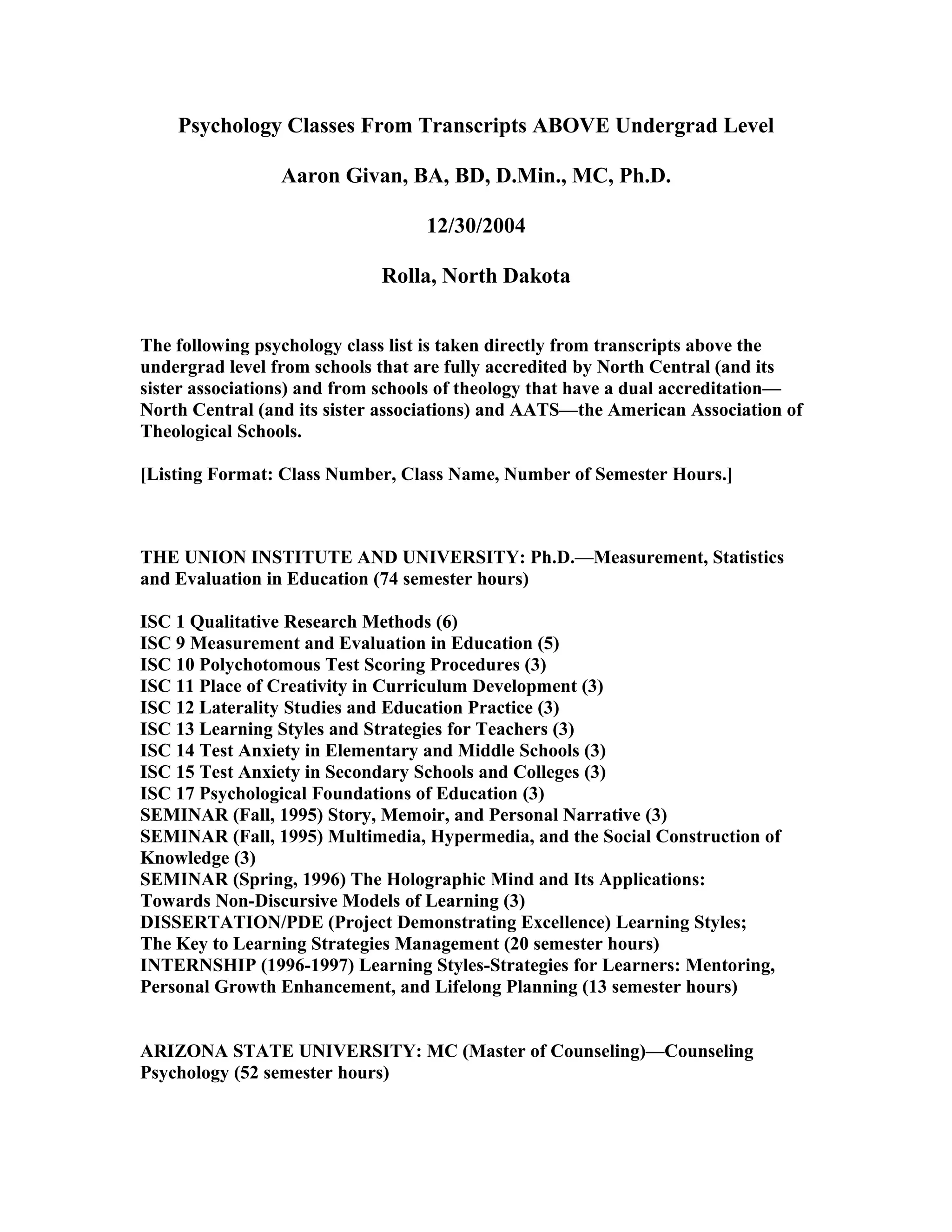 Psychology Classes From Transcripts ABOVE Undergrad Level | PDF