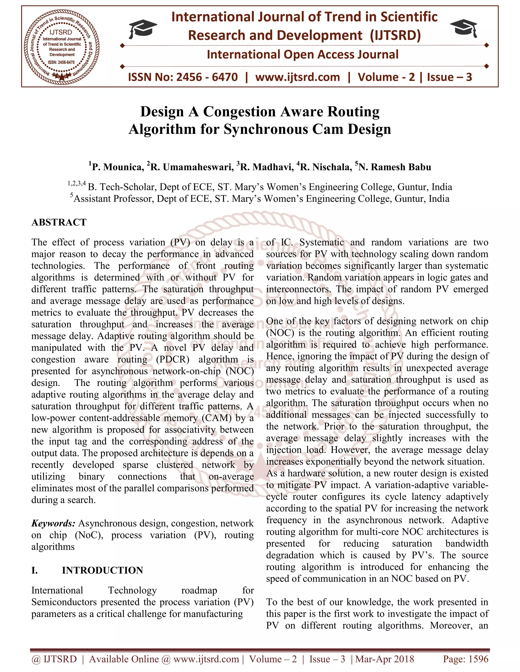 Design A Congestion Aware Routing Algorithm For Synchronous Cam Design