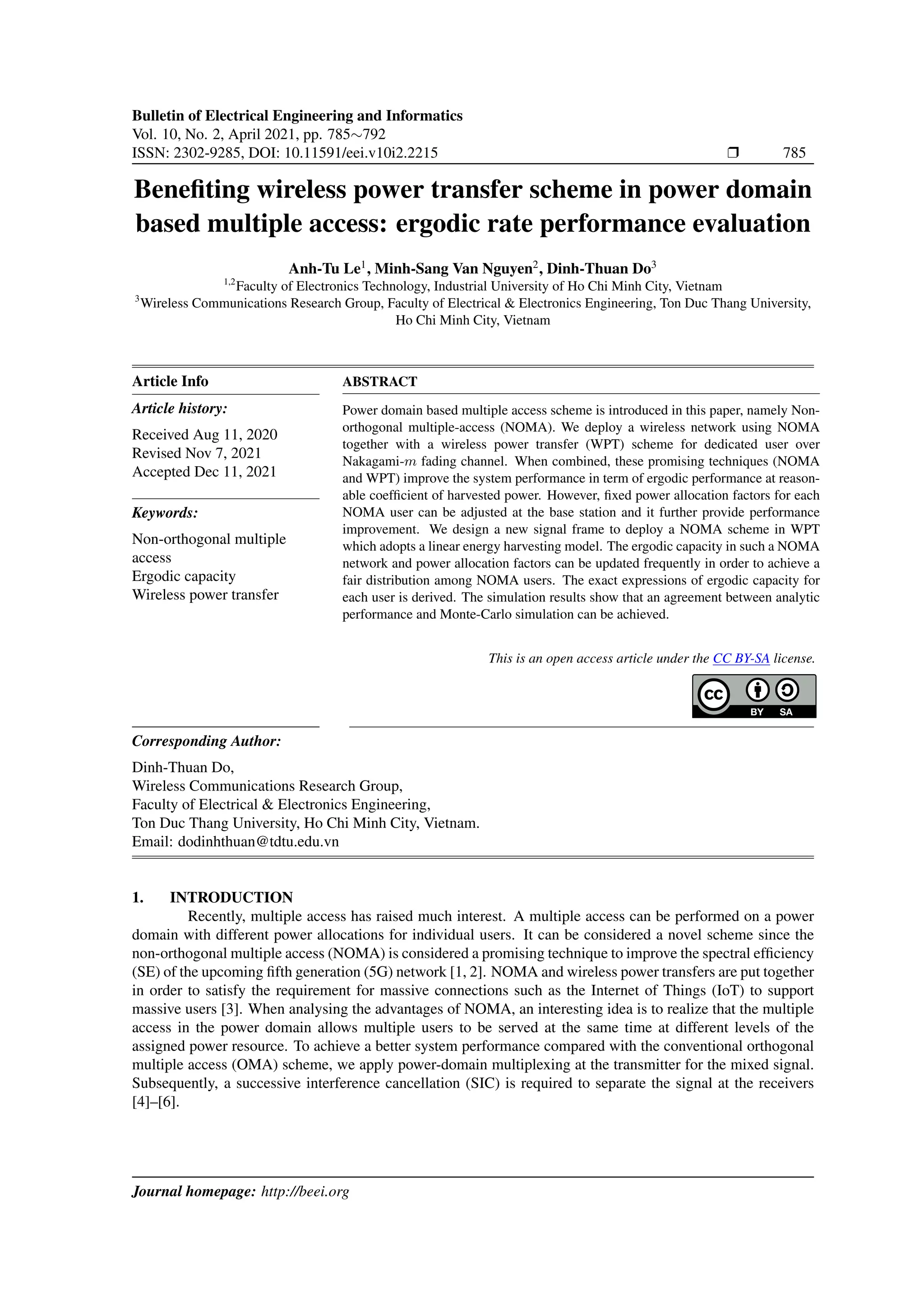 Benefiting wireless power transfer scheme in power domain based multiple access: ergodic rate ...
