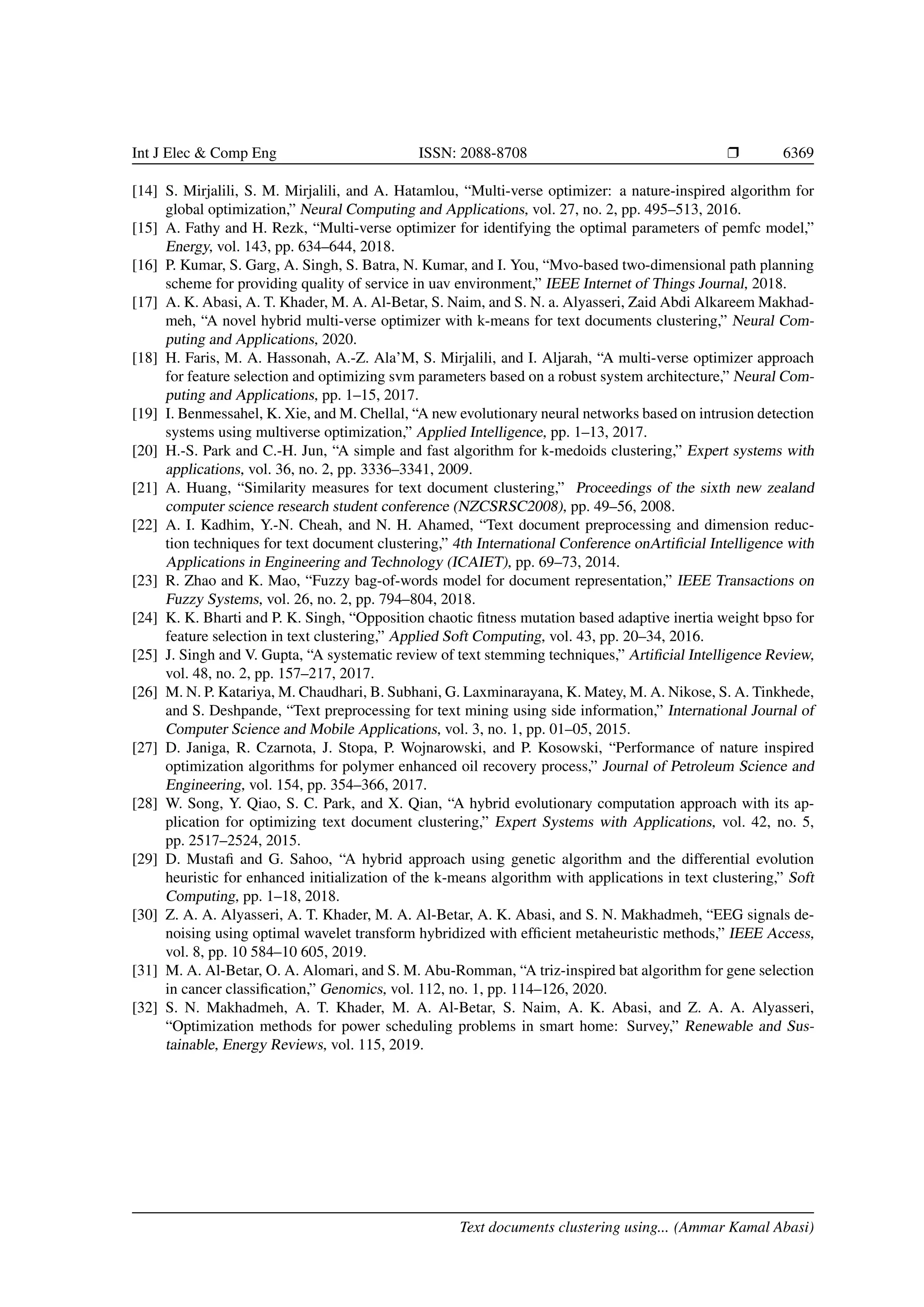 Text documents clustering using modiﬁed multi-verse optimizer | PDF