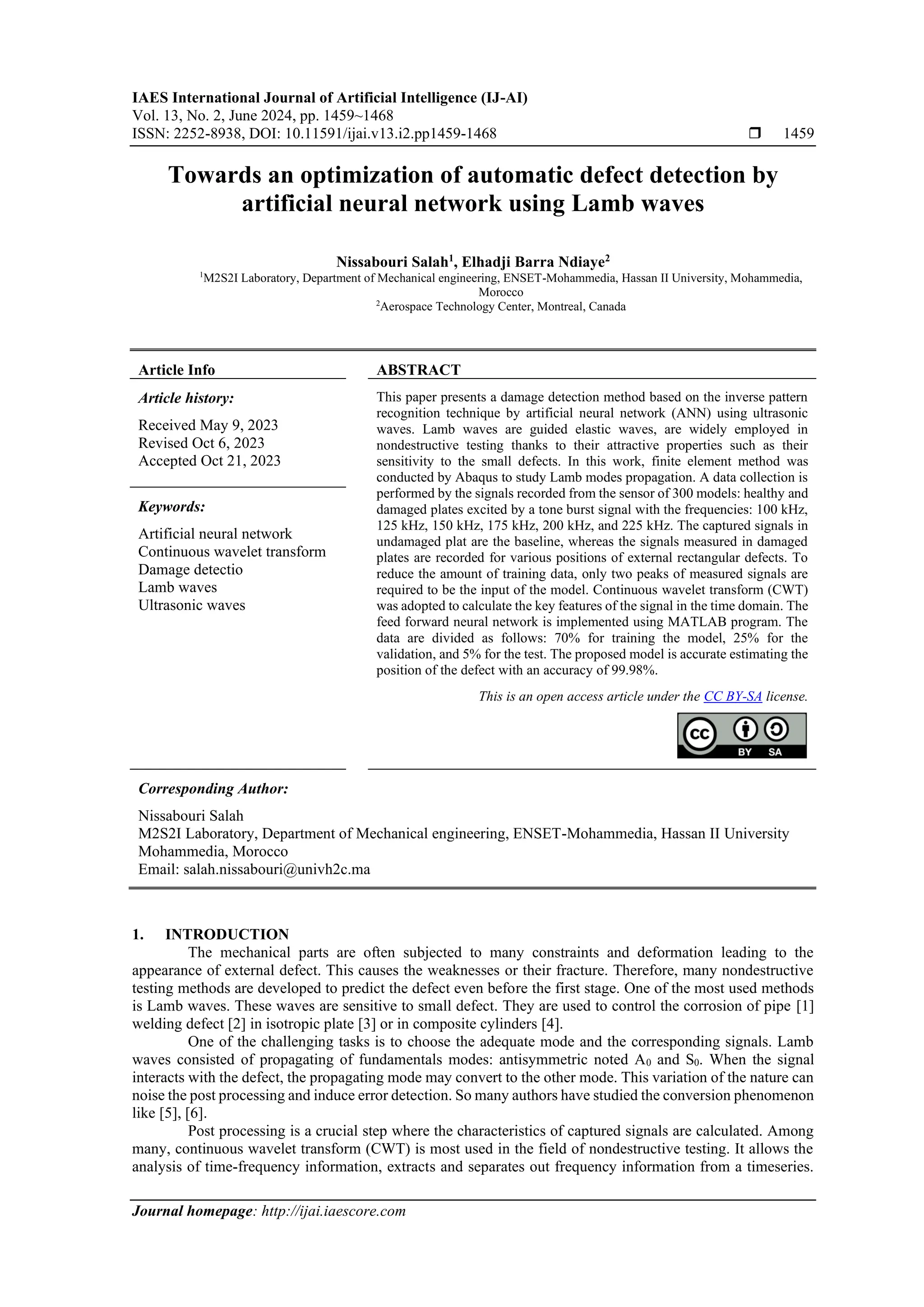 Towards An Optimization Of Automatic Defect Detection By Artificial Neural Network Using Lamb