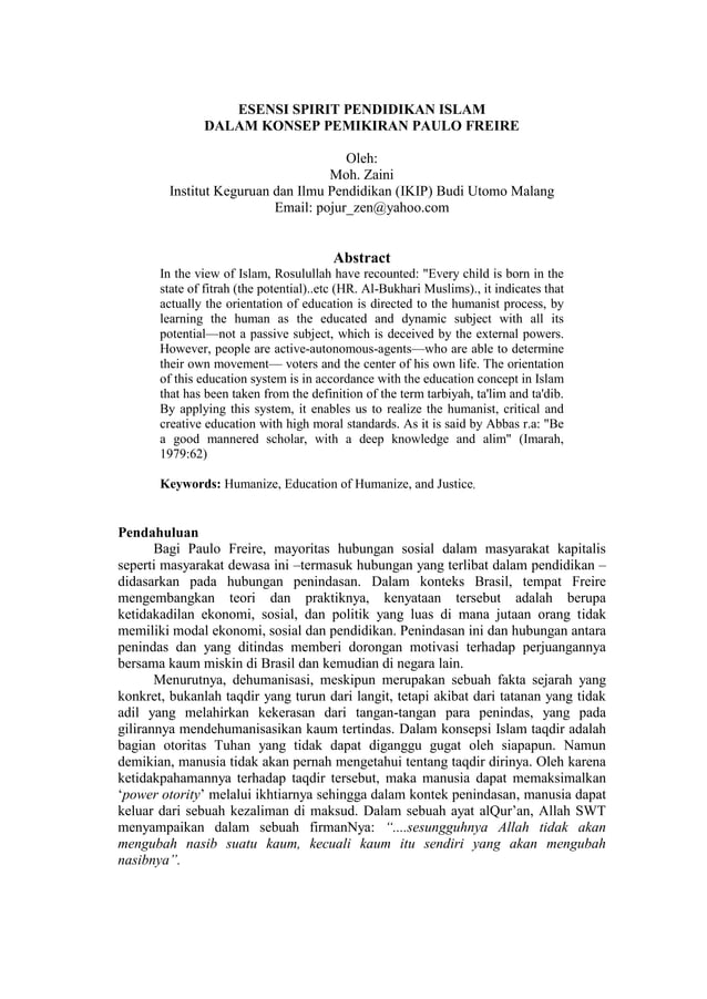 ESENSI SPIRIT PENDIDIKAN ISLAM DALAM KONSEP PEMIKIRAN PAULO FREIRE | PDF