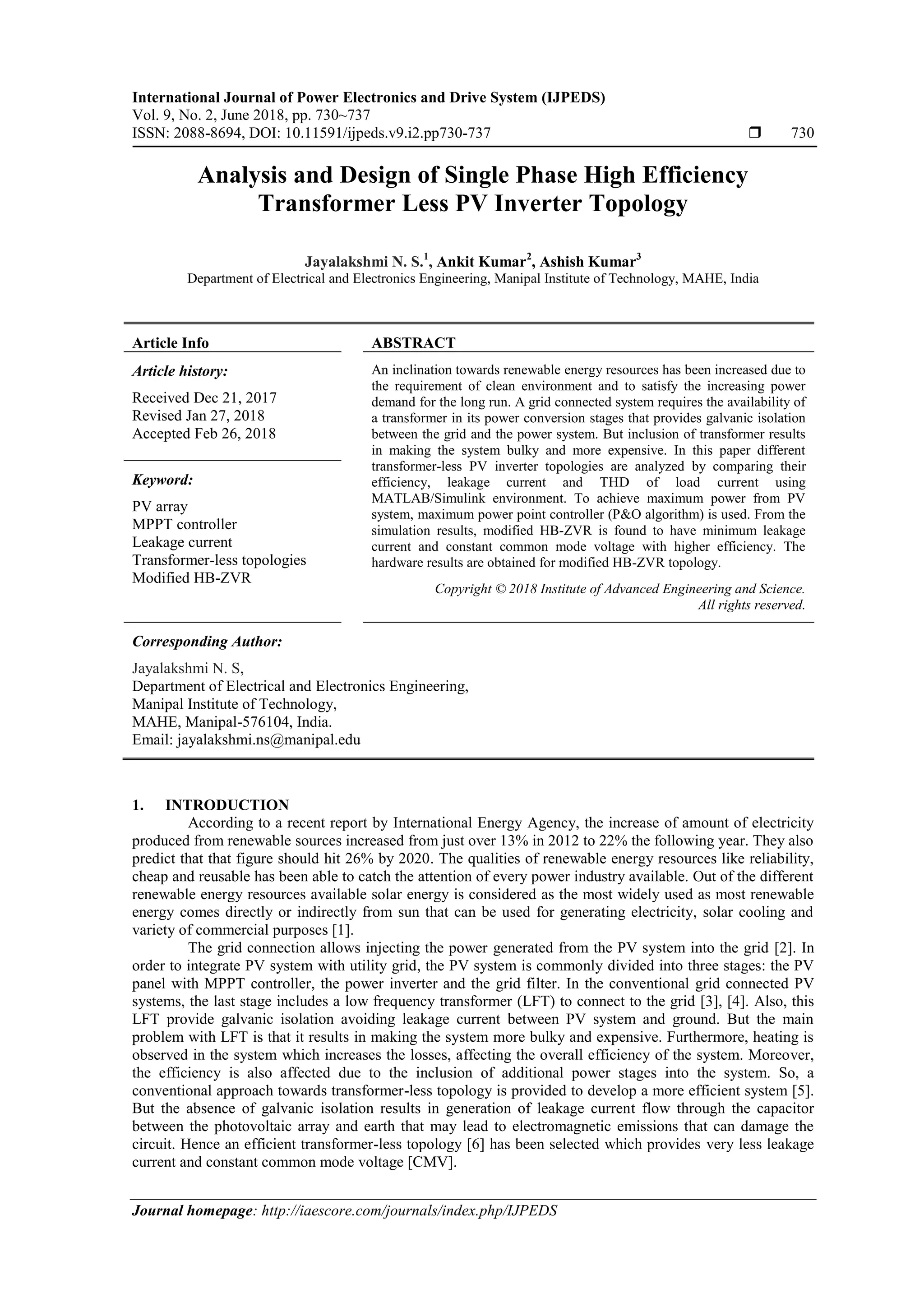 Analysis and Design of Single Phase High Efficiency Transformer less PV ...