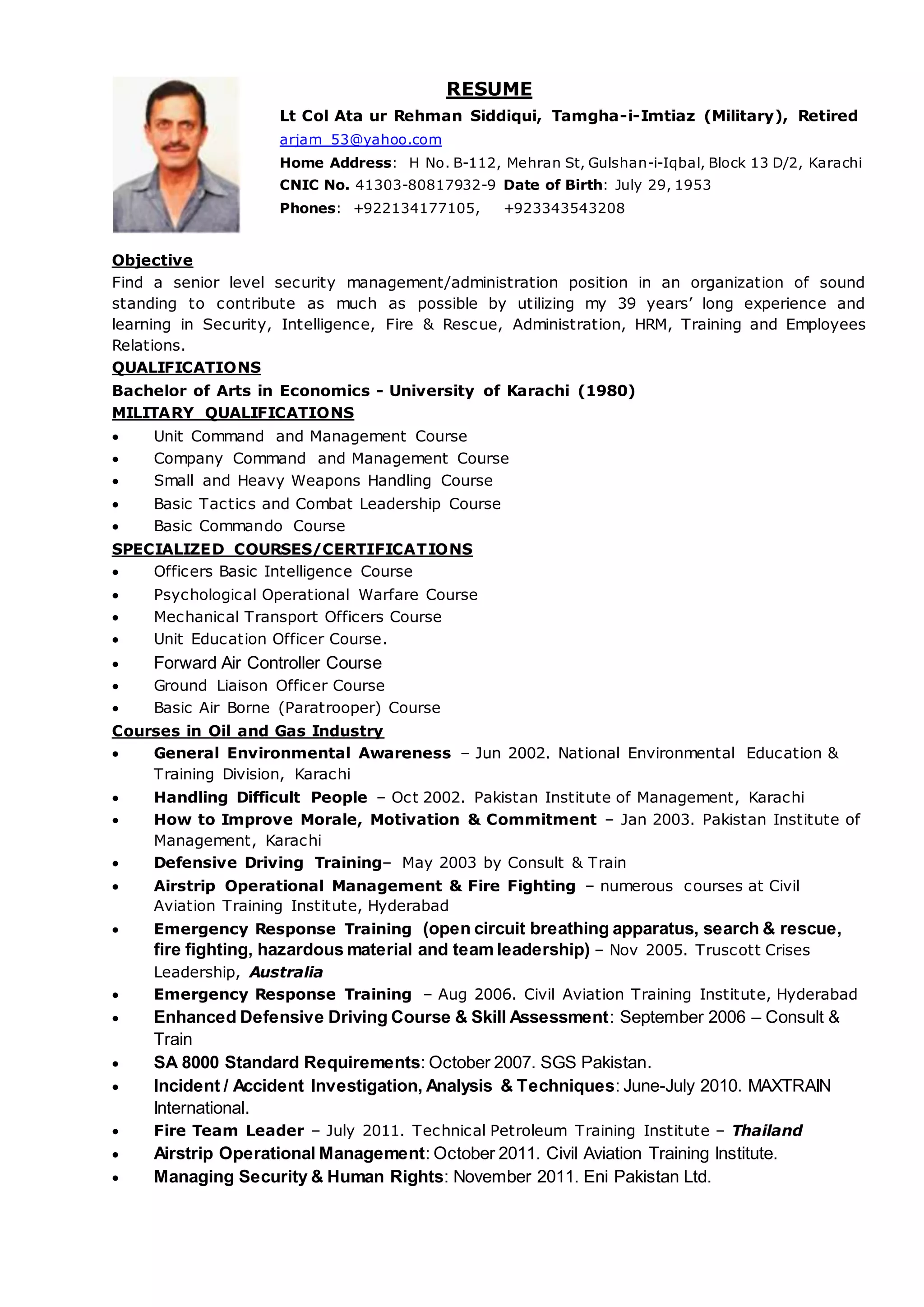 RESUME - Col Ata- eni Pakistan Ltd. | PDF