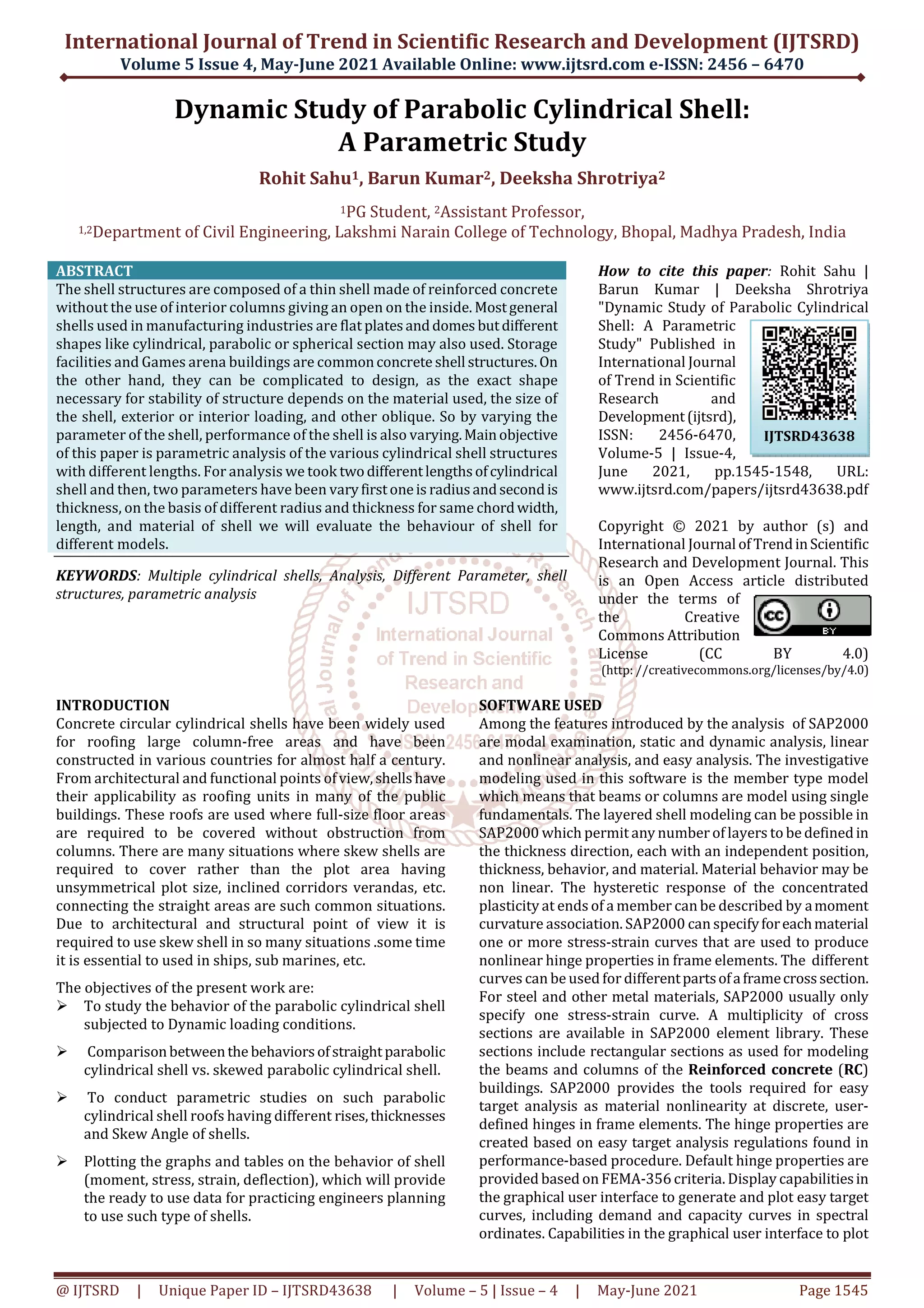 Dynamic Study of Parabolic Cylindrical Shell A Parametric Study | PDF | Physics | Science