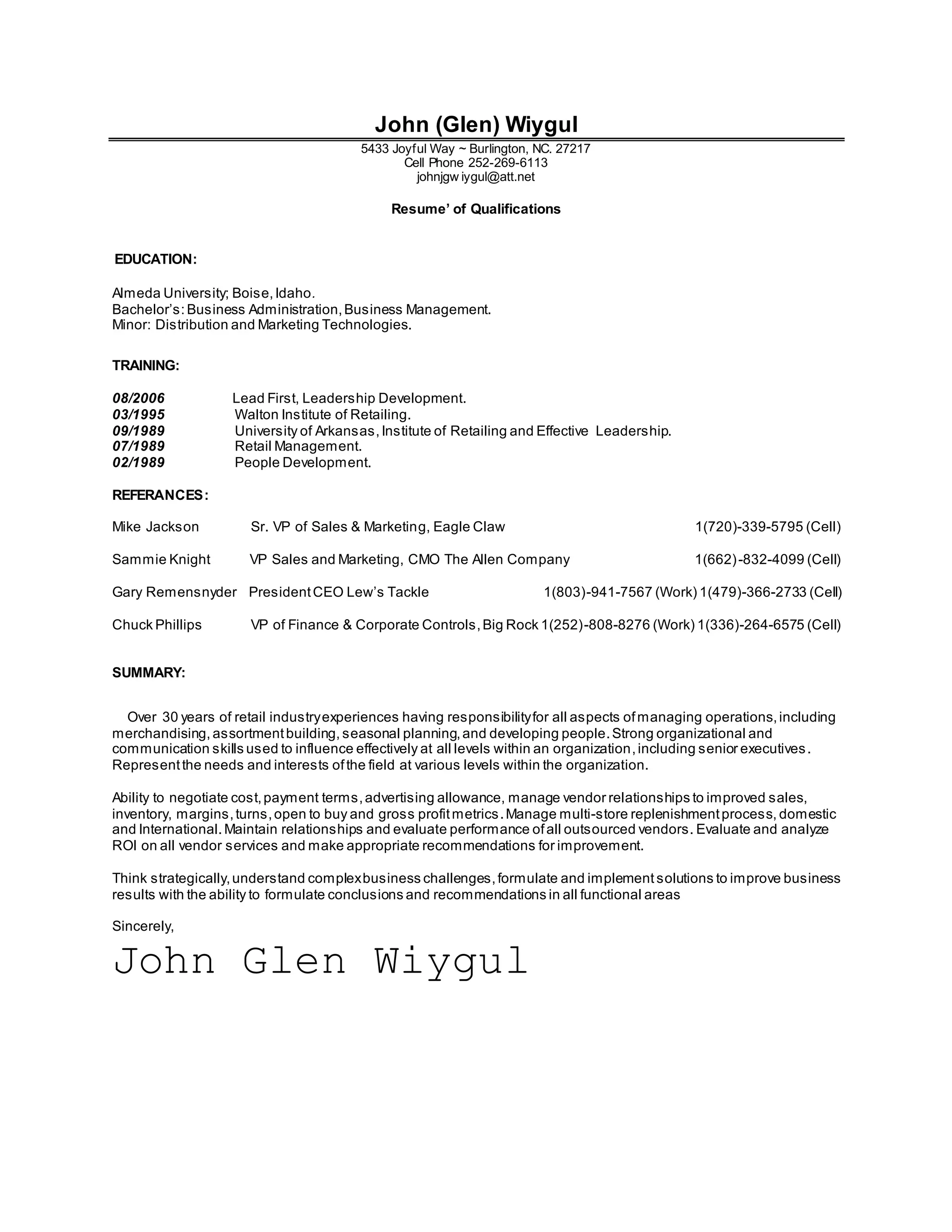 02-20-2016 Glen Wiygul Resume | DOCX | Sales | Business