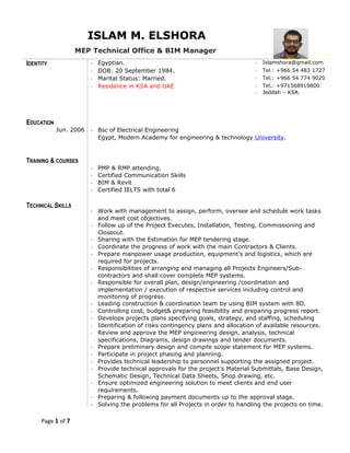 Resume of Islam M. Elshora MEP Technical Office & BIM Manager | DOC