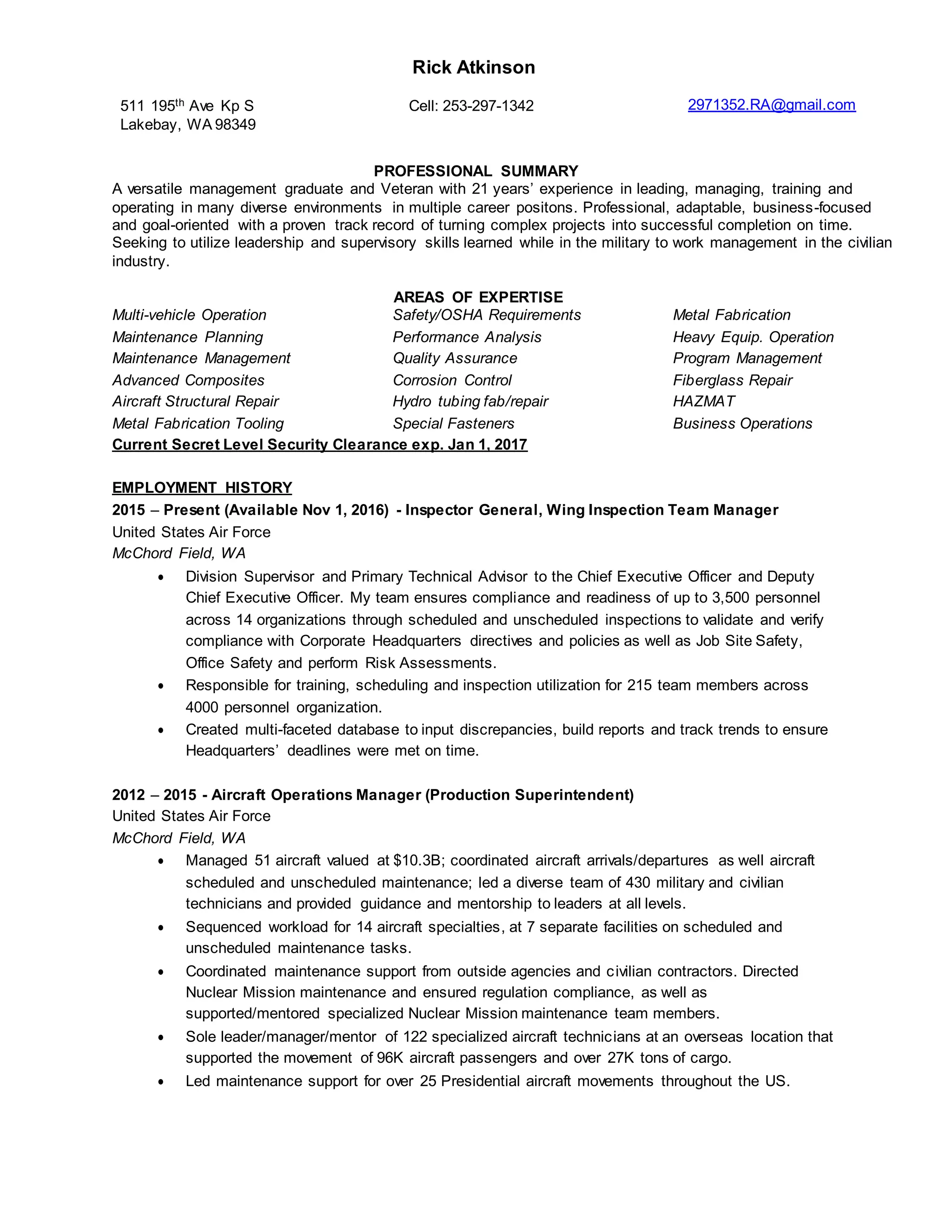 Rick Atkinson- Management Resume | PDF