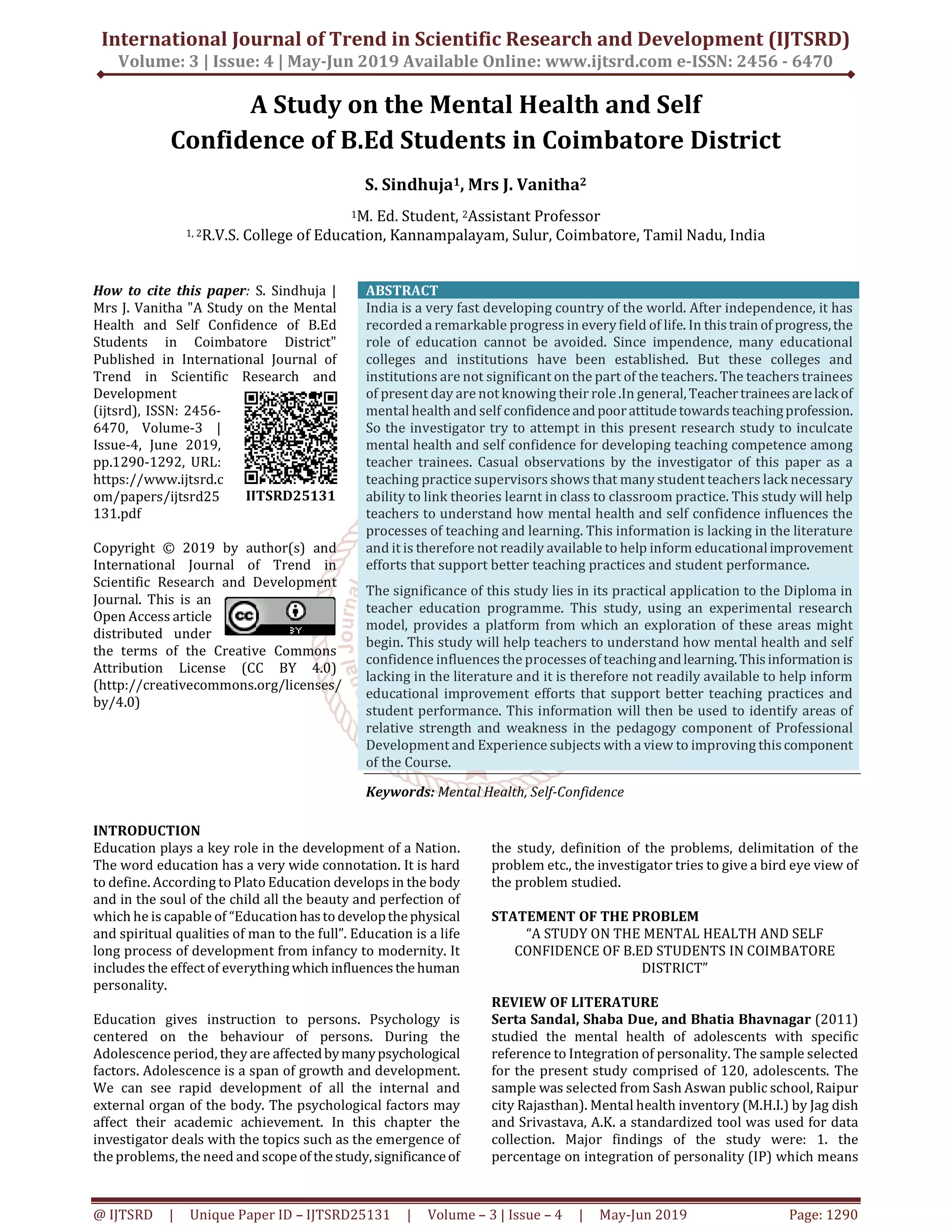 A Study on the Mental Health and Self Confidence of B.Ed Students in Coimbatore District | PDF