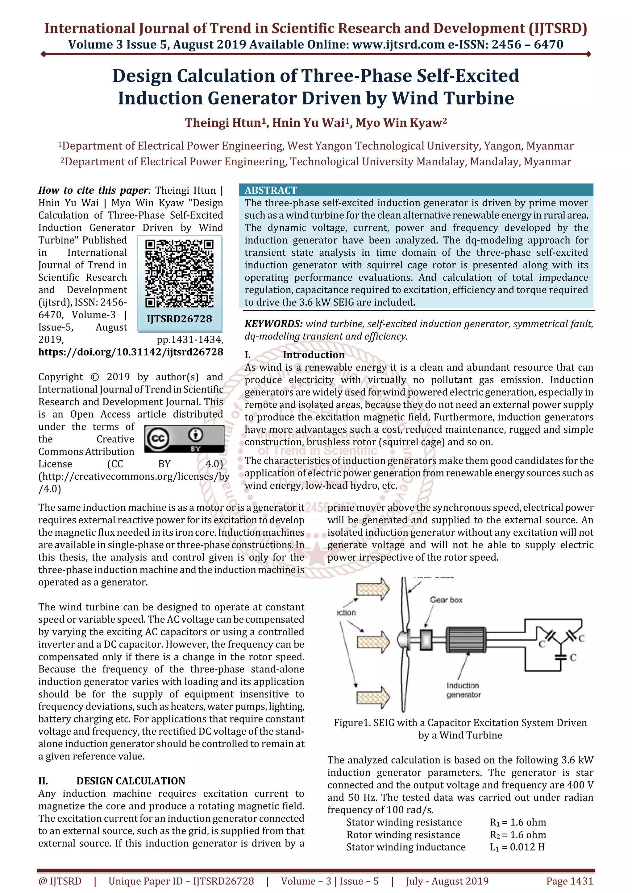 Design Calculation of Three Phase Self Excited Induction Generator Driven by Wind Turbine | PDF