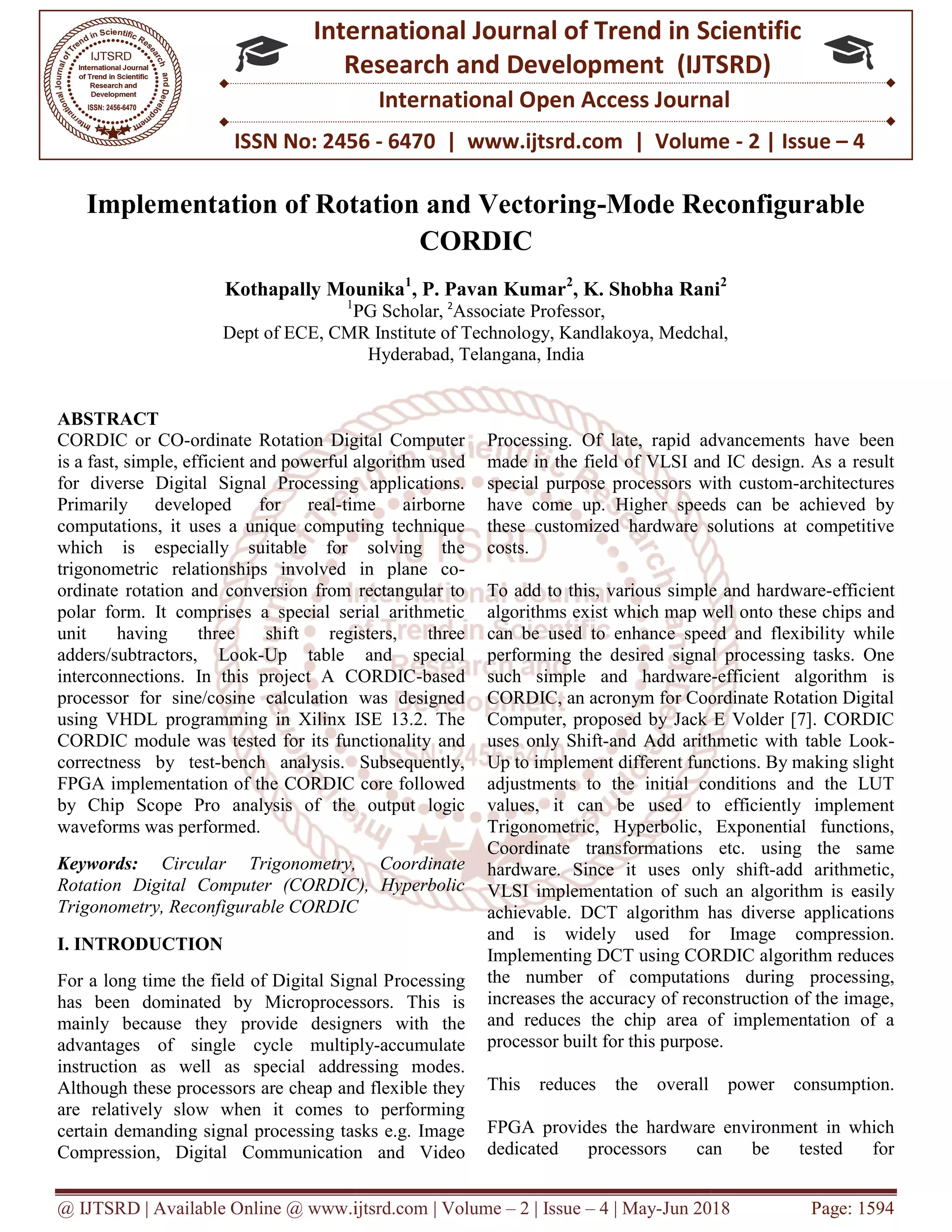 Implementation Of Rotation And Vectoring Mode Reconfigurable Cordic Pdf