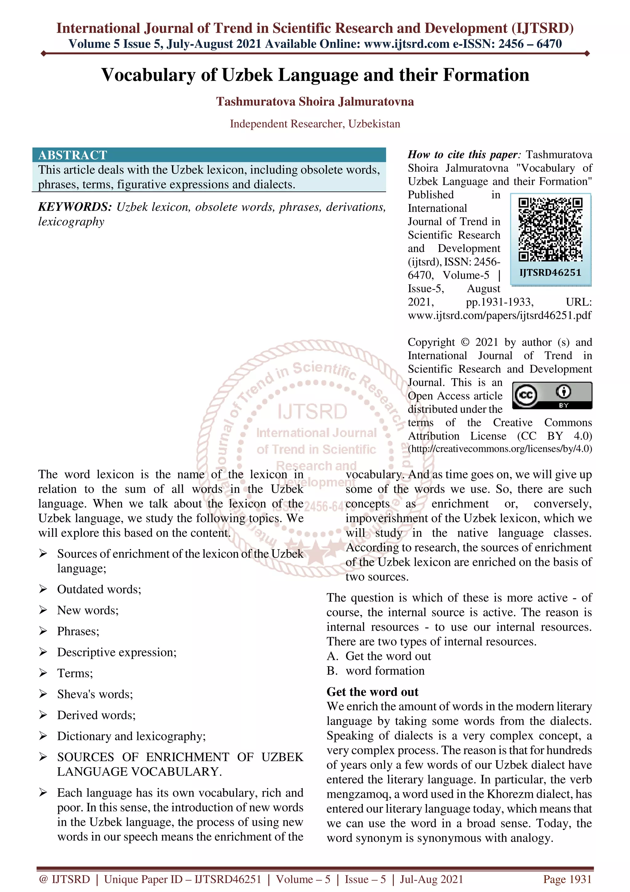 Vocabulary of Uzbek Language and their Formation | PDF