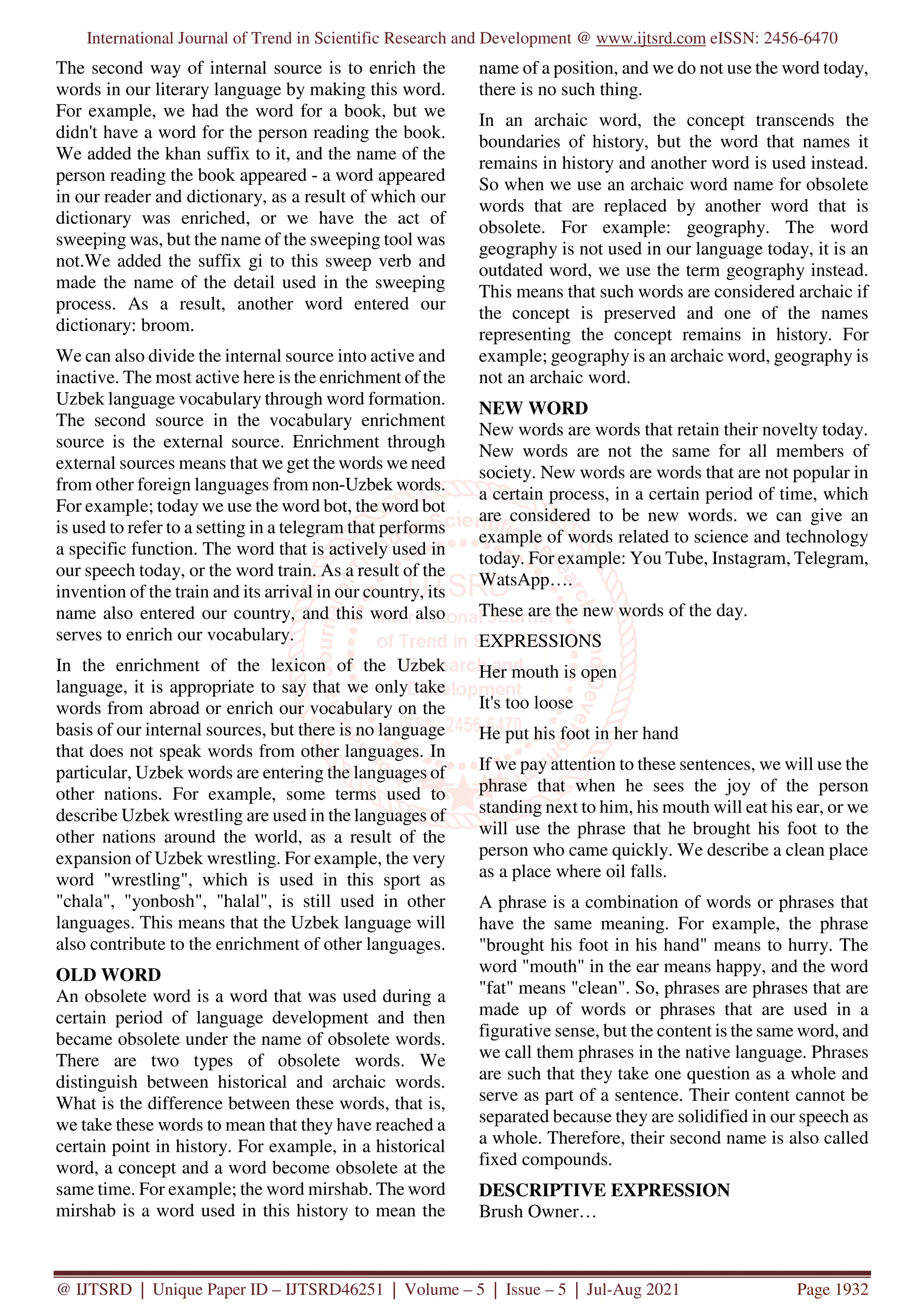 Vocabulary of Uzbek Language and their Formation | PDF