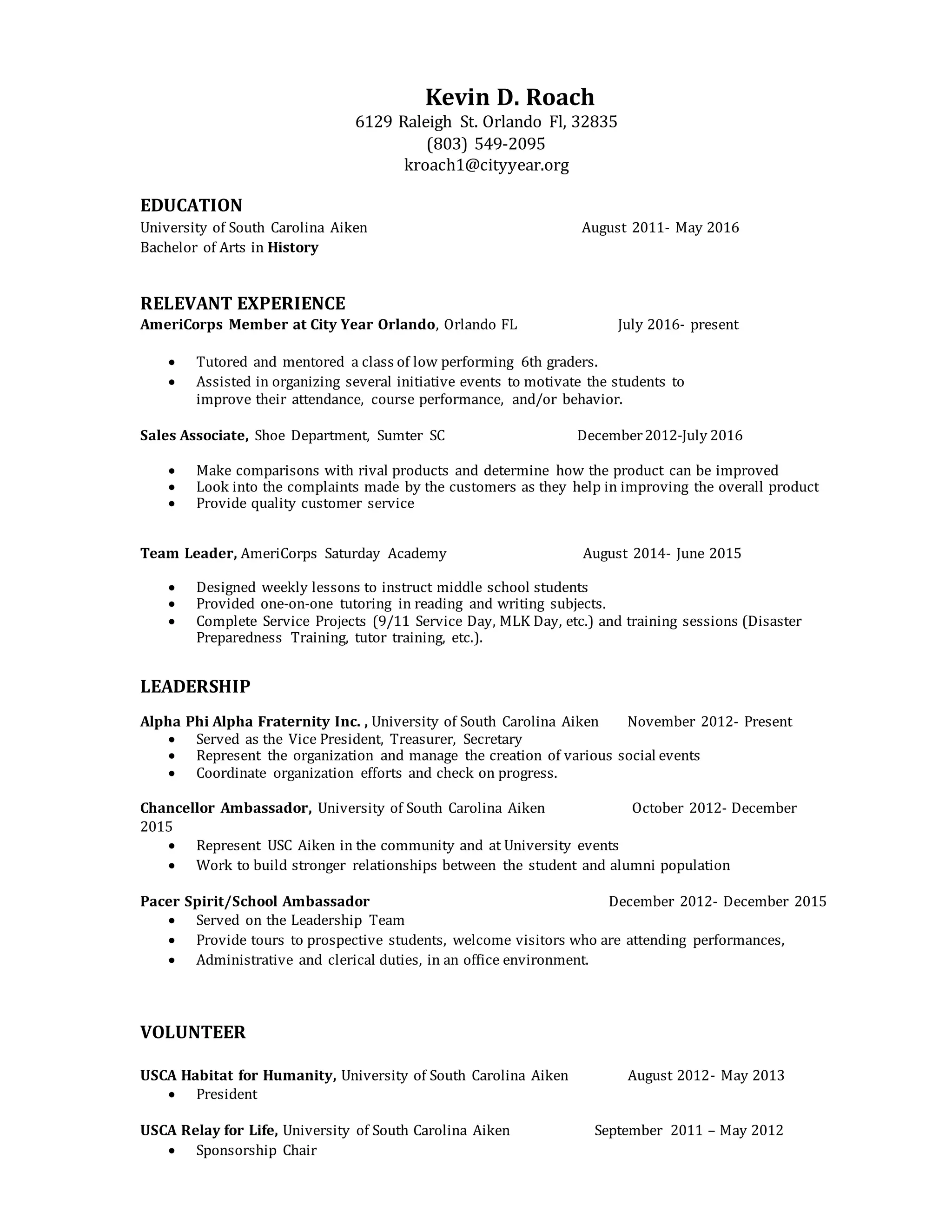 Kevin Roach City Year Resume | PDF