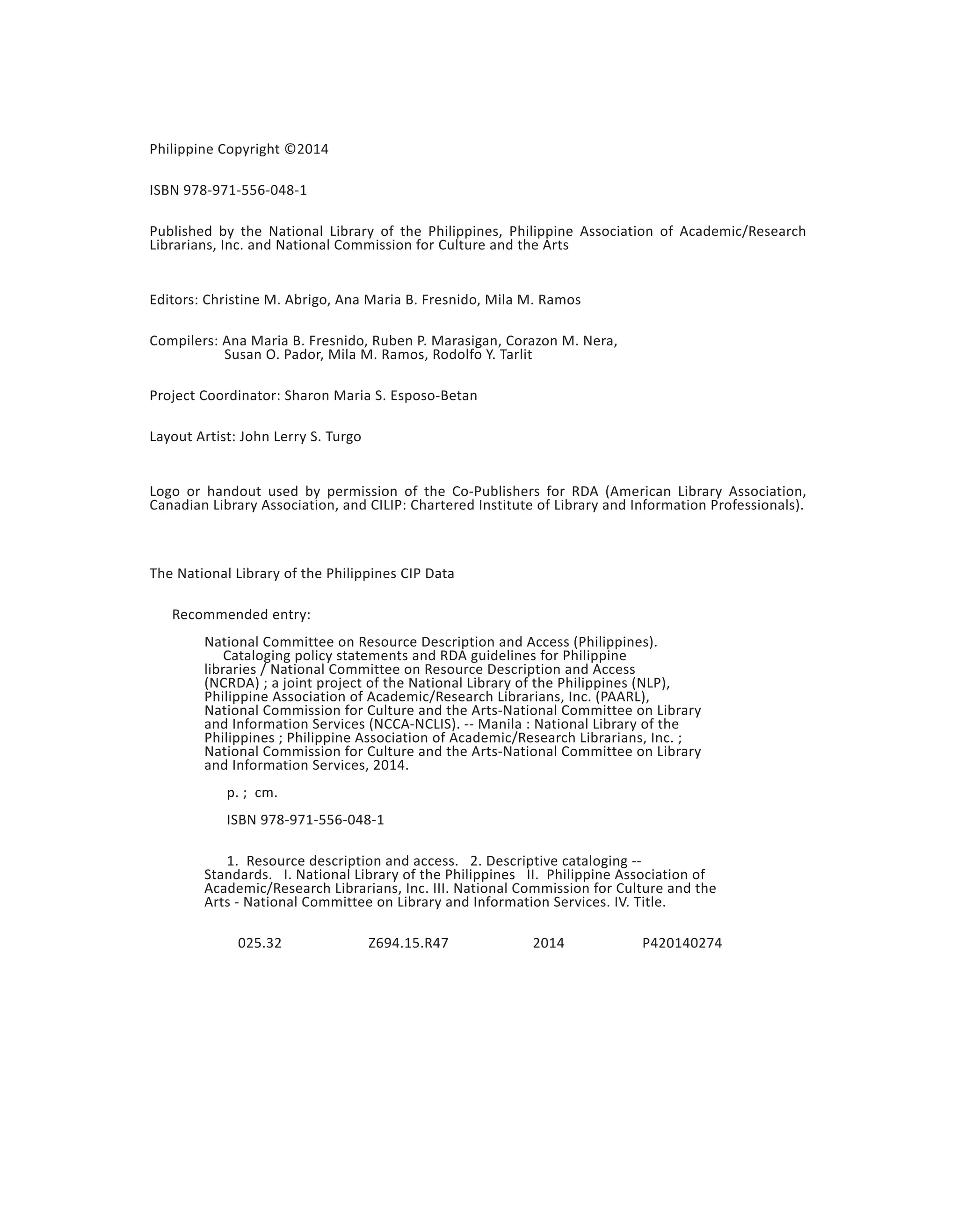 Cataloging Policy Statements And Rda Guidelines For Philippine ...