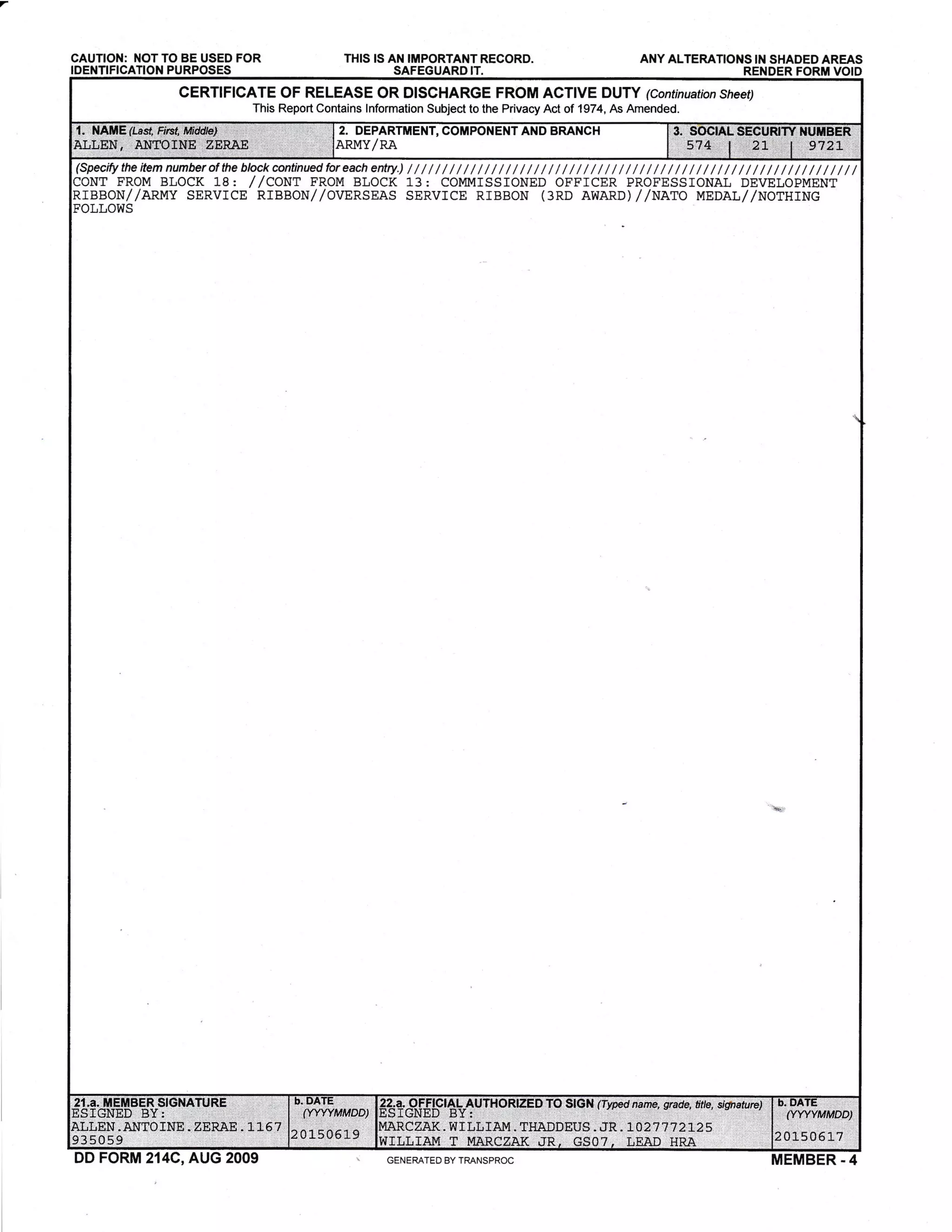 Antoine Allen DD form 214 complete | PDF