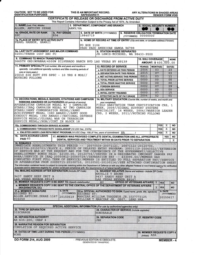 Antoine Allen DD form 214 complete | PDF
