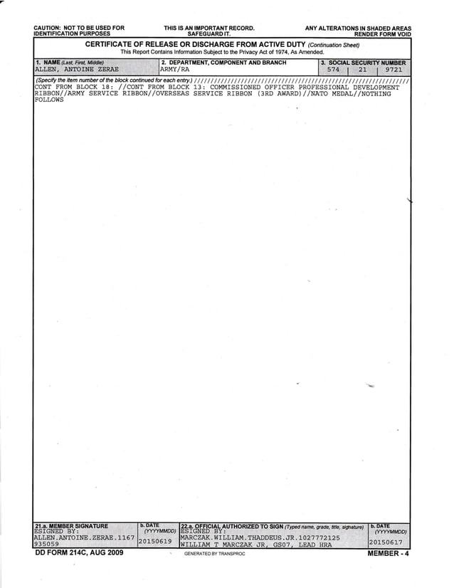 Antoine Allen DD form 214 complete | PDF