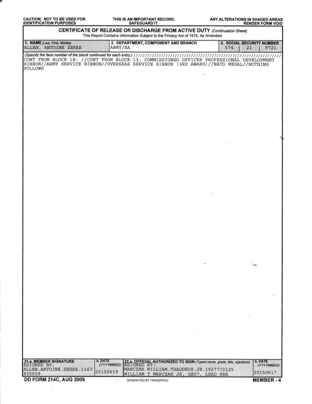 Antoine Allen DD form 214 complete