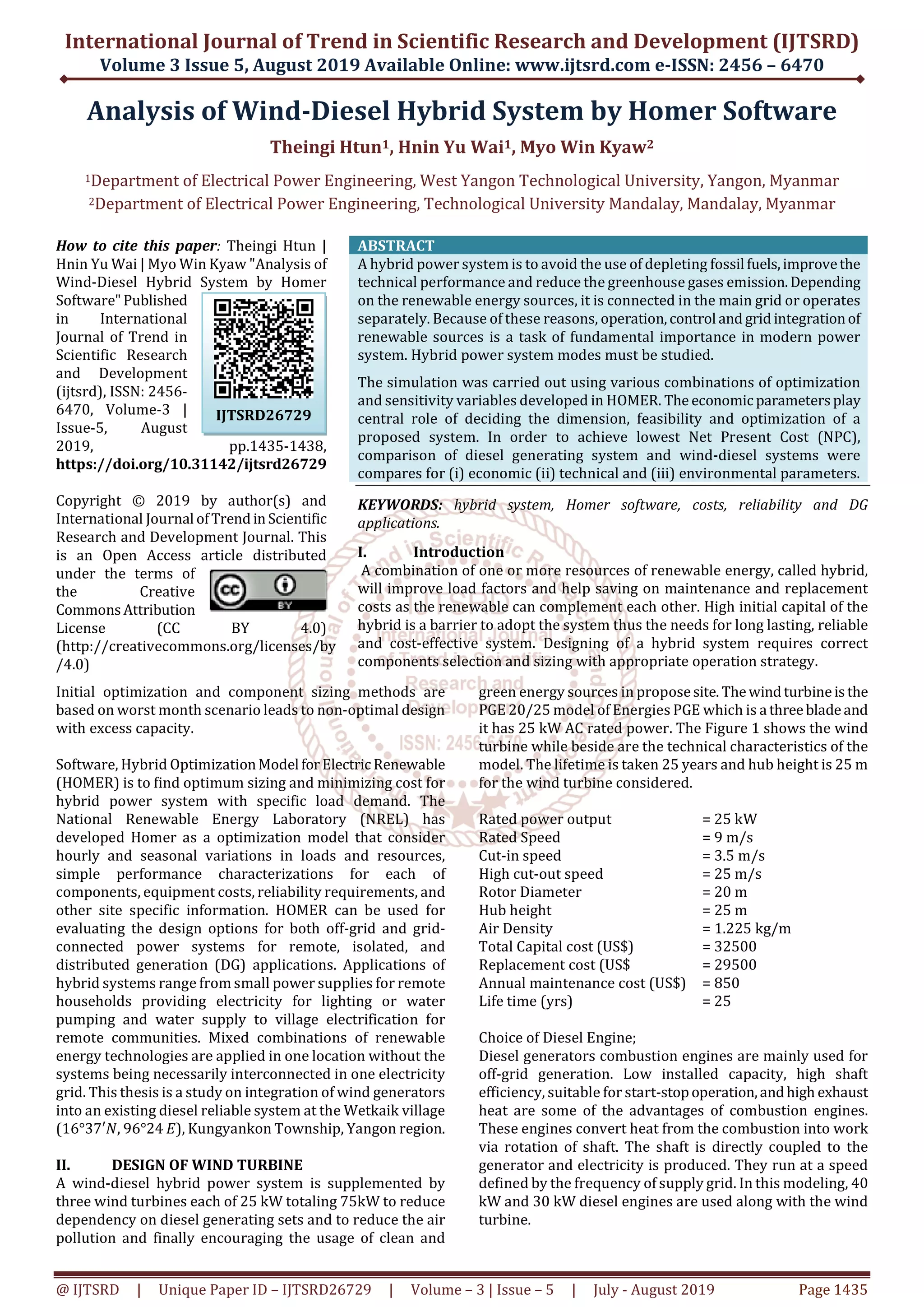 Analysis of Wind Diesel Hybrid System by Homer Software | PDF