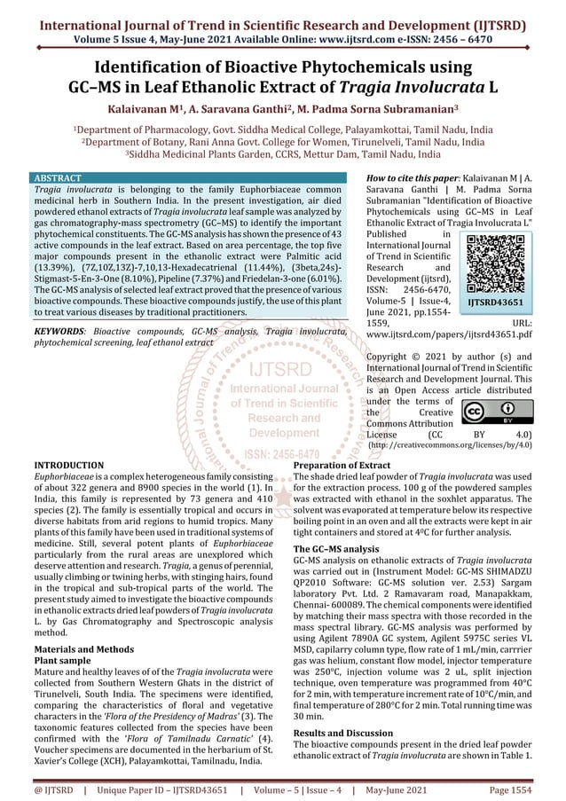 Identification of Bioactive Phytochemicals using GC–MS in Leaf Ethanolic Extract of Tragia ...
