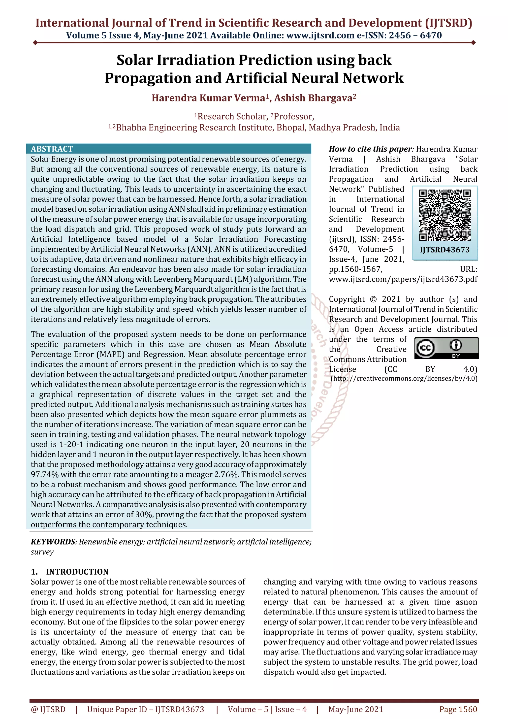 Solar Irradiation Prediction Using Back Propagation And Artificial Neural Network Pdf
