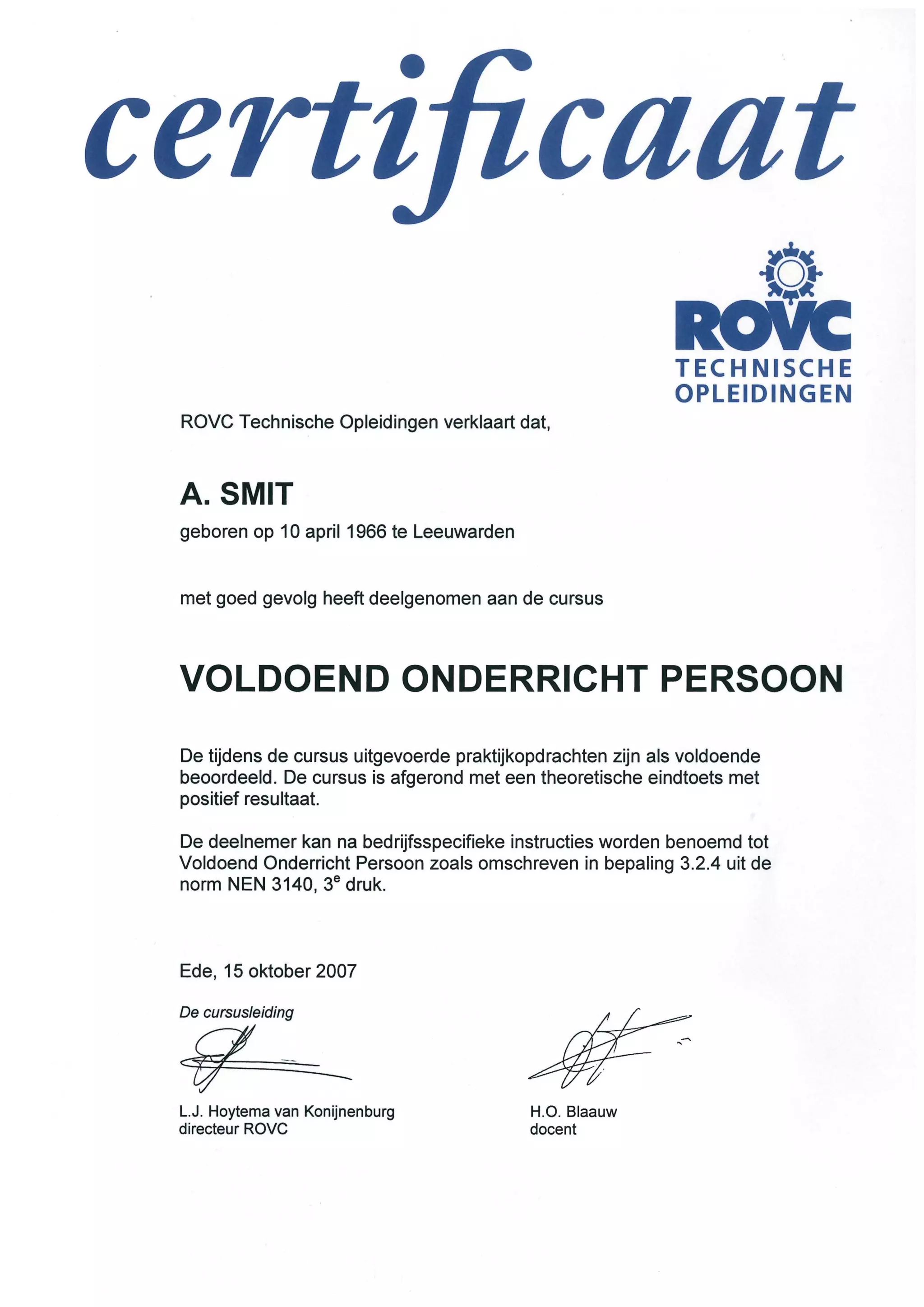 Certificate sufficient instructed person (electro) A.Smit