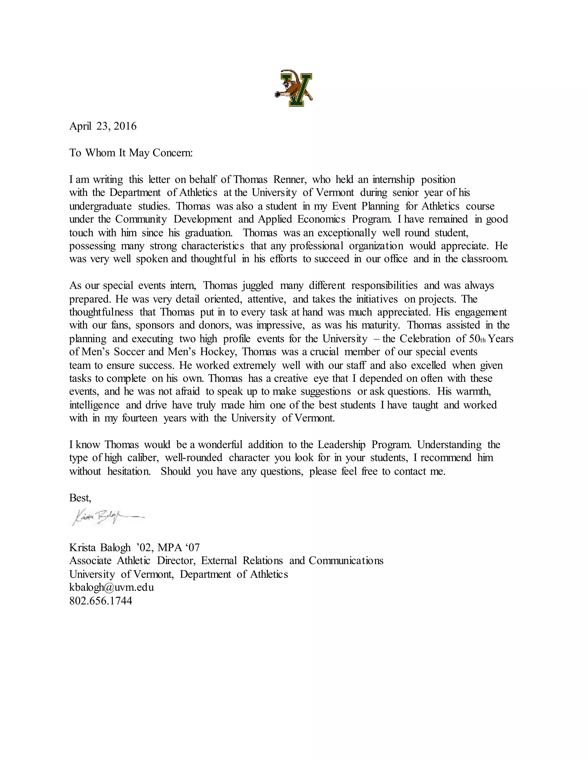 Thomas Renner Letter of Recommendation | PDF