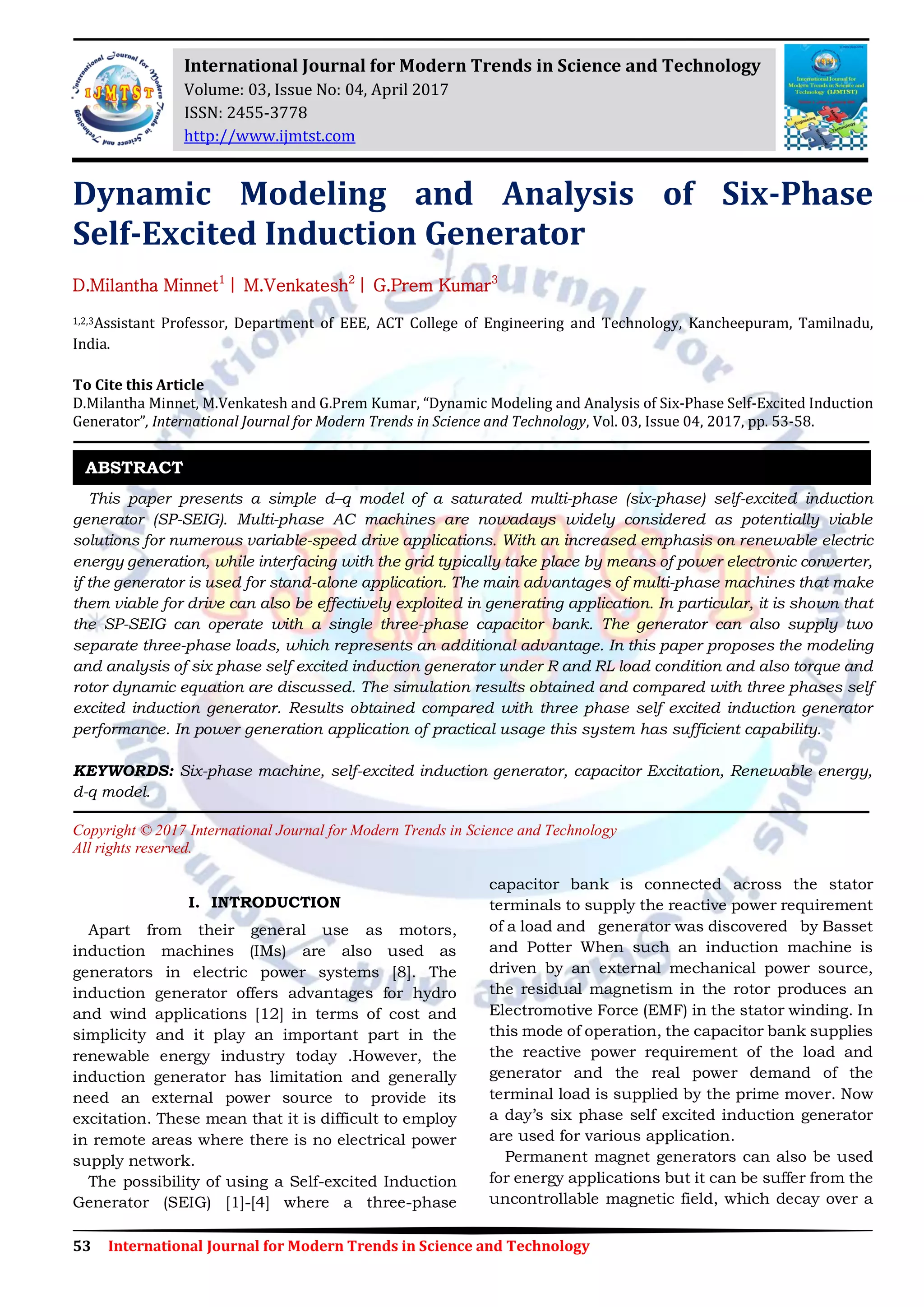 Dynamic Modeling and Analysis of Six-Phase Self-Excited Induction Generator | PDF