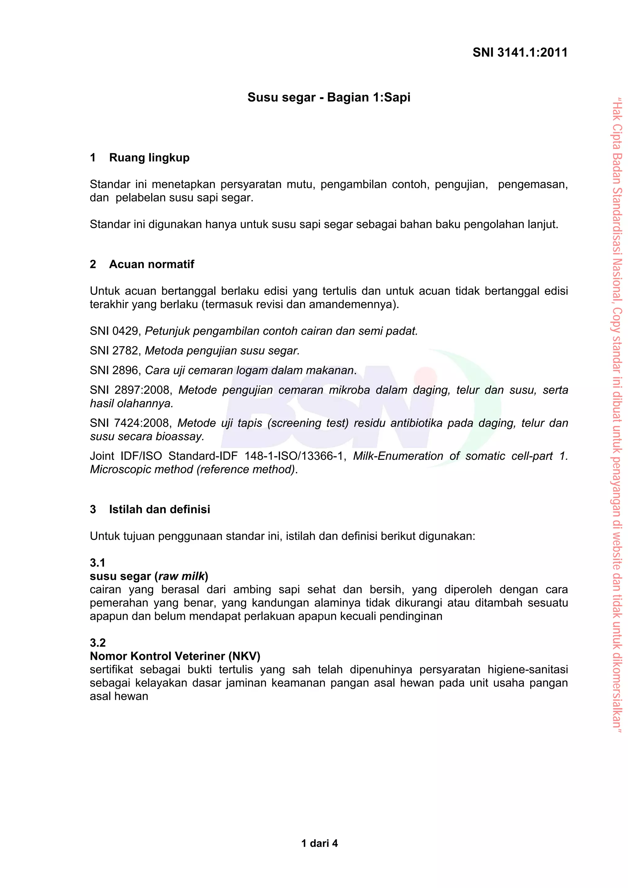27705 sni 3141.1-2011-susu-segar-bag.1-sapi | PDF