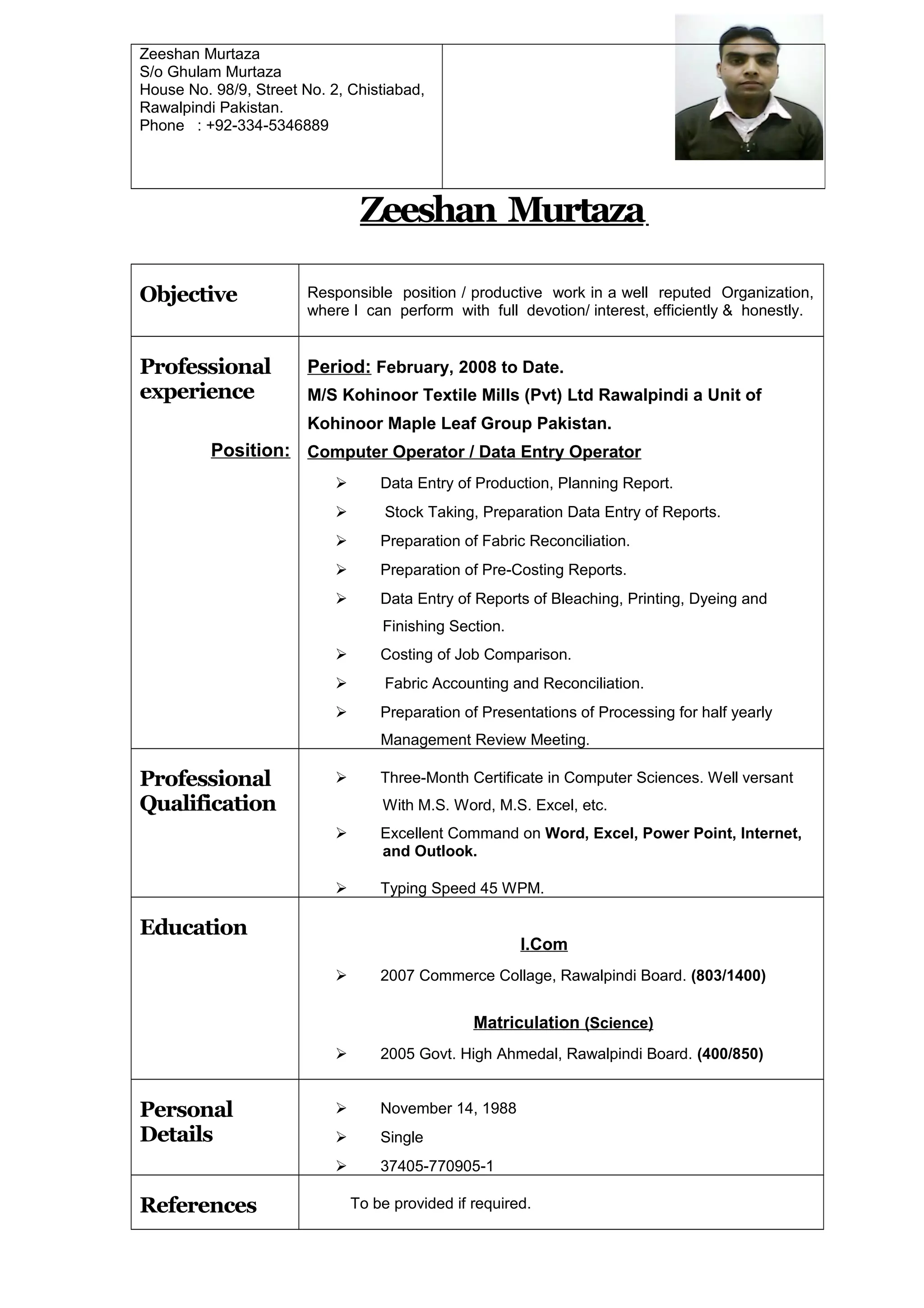 Zeeshan CV Kohinoor Textile Mill | DOC