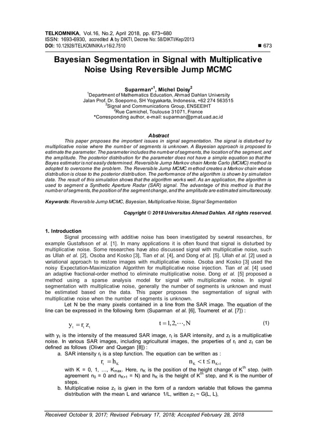 Bayesian Segmentation in Signal with Multiplicative Noise Using Reversible Jump MCMC | PDF