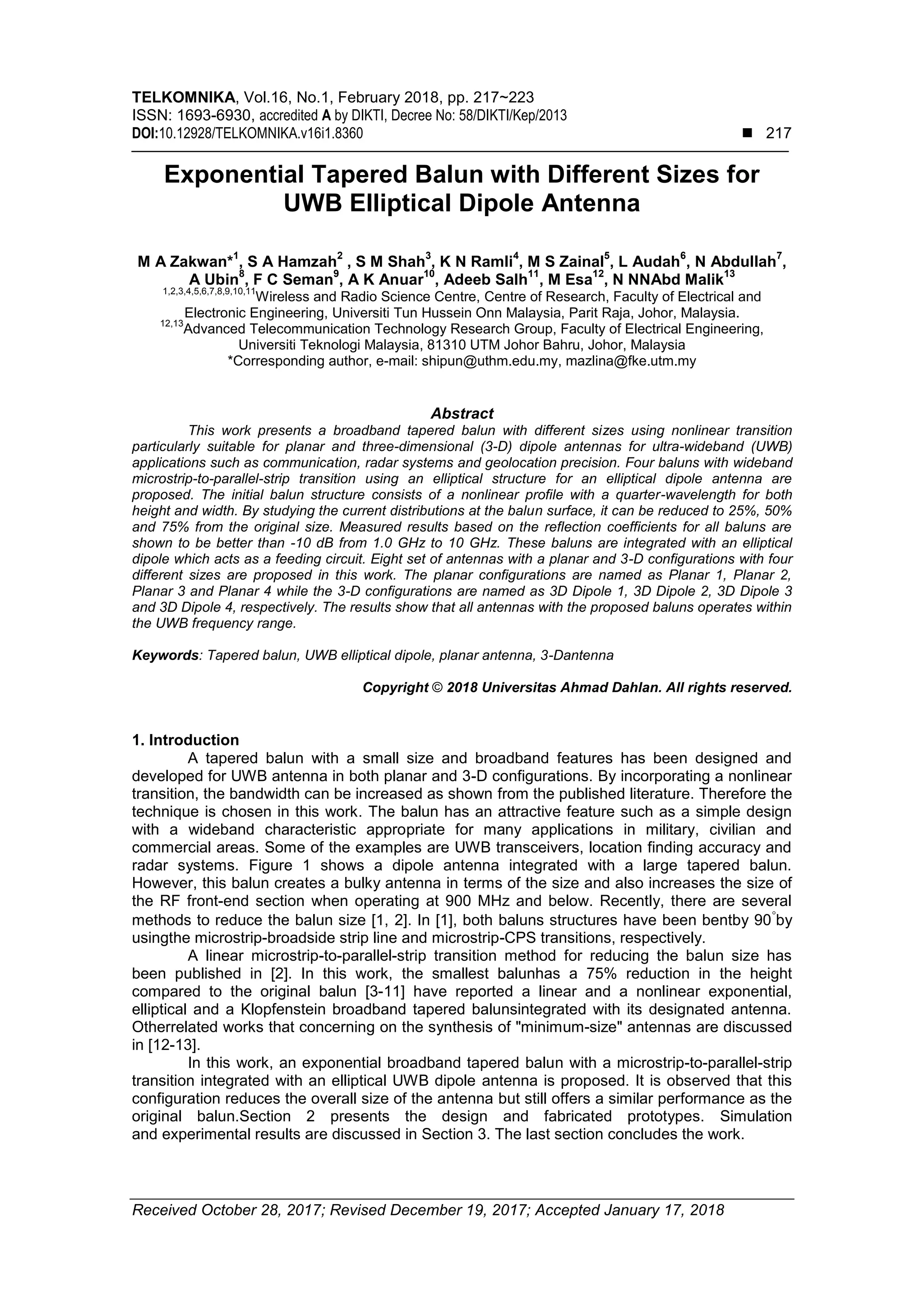 Exponential Tapered Balun with Different Sizes for UWB Elliptical ...