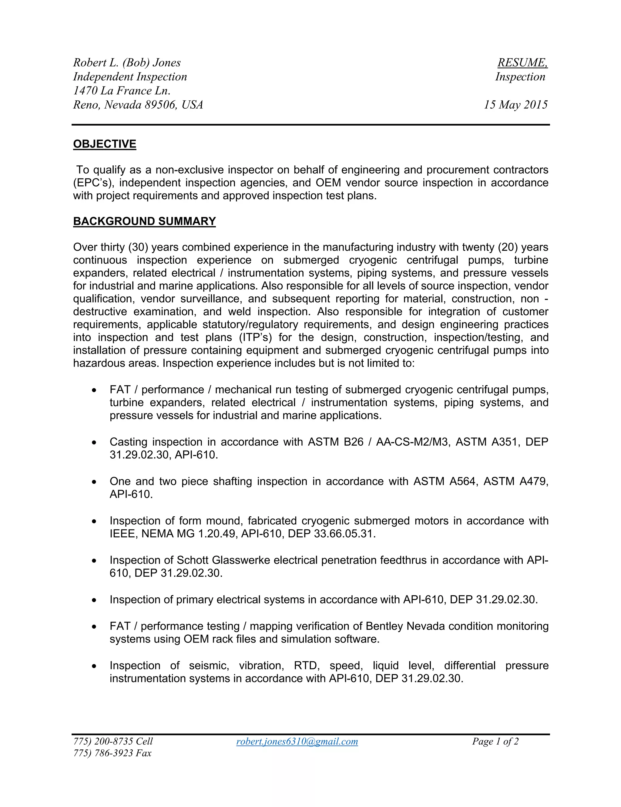 Inspection Resume, Robert Jones, 15 May 15 | PDF