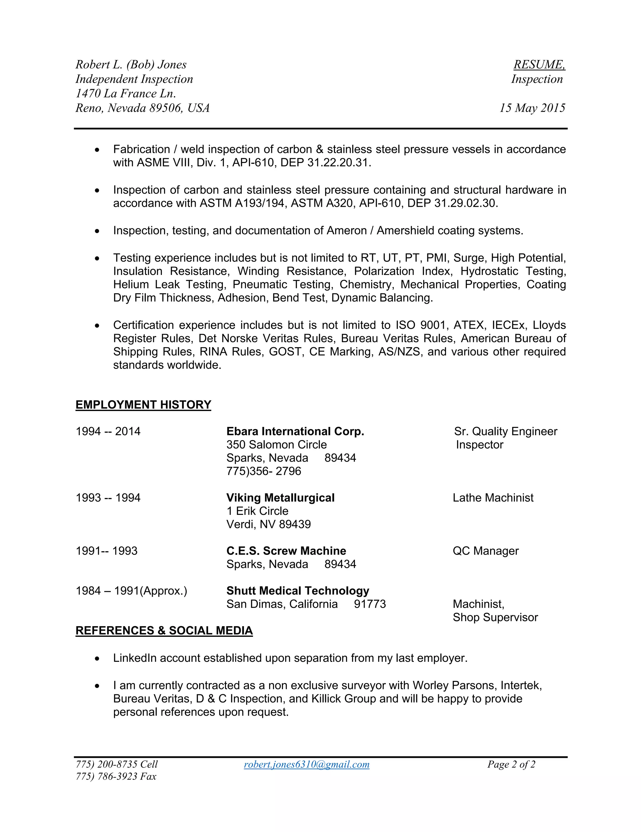 Inspection Resume, Robert Jones, 15 May 15 | PDF