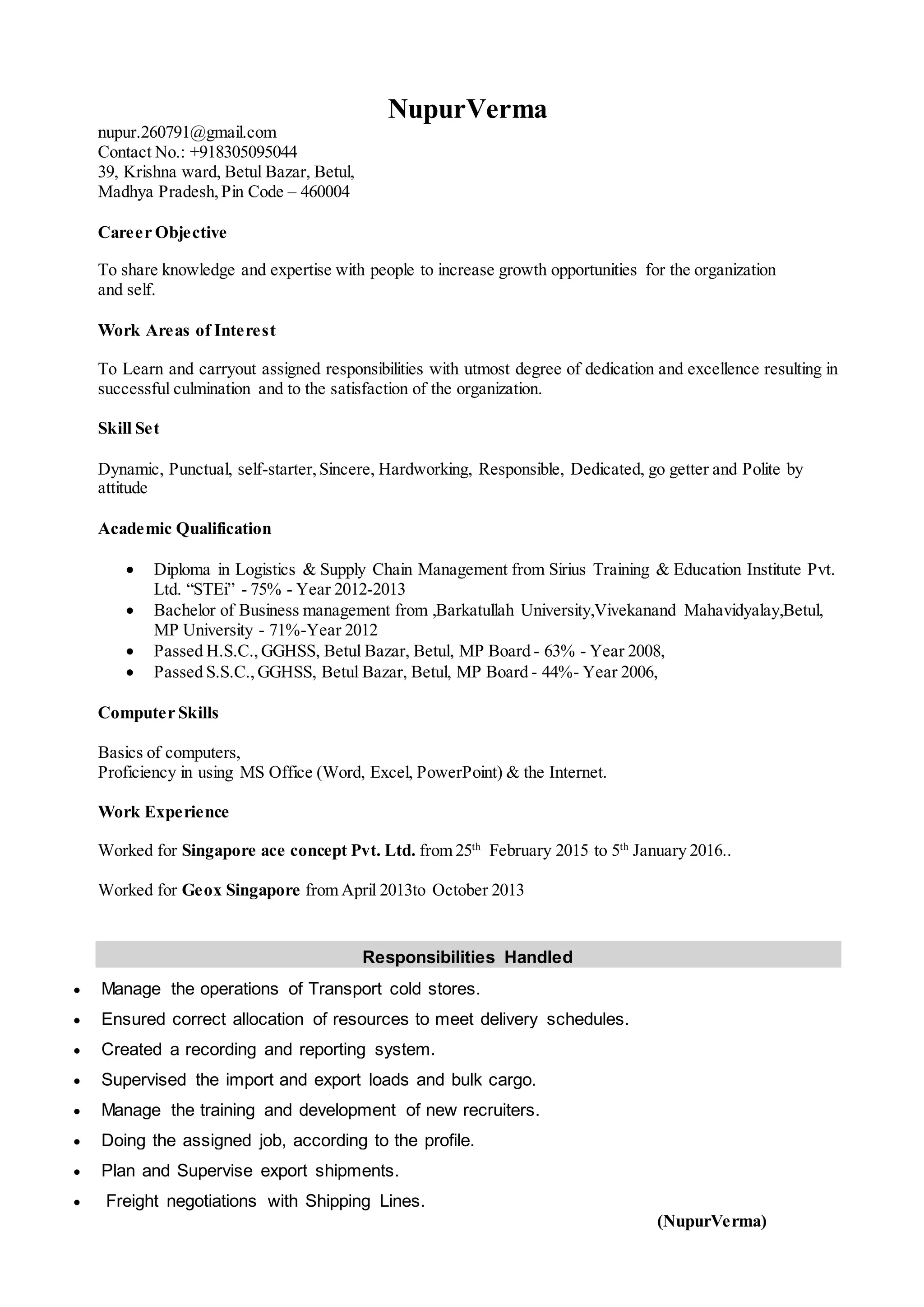 Resume of Nupur | DOCX