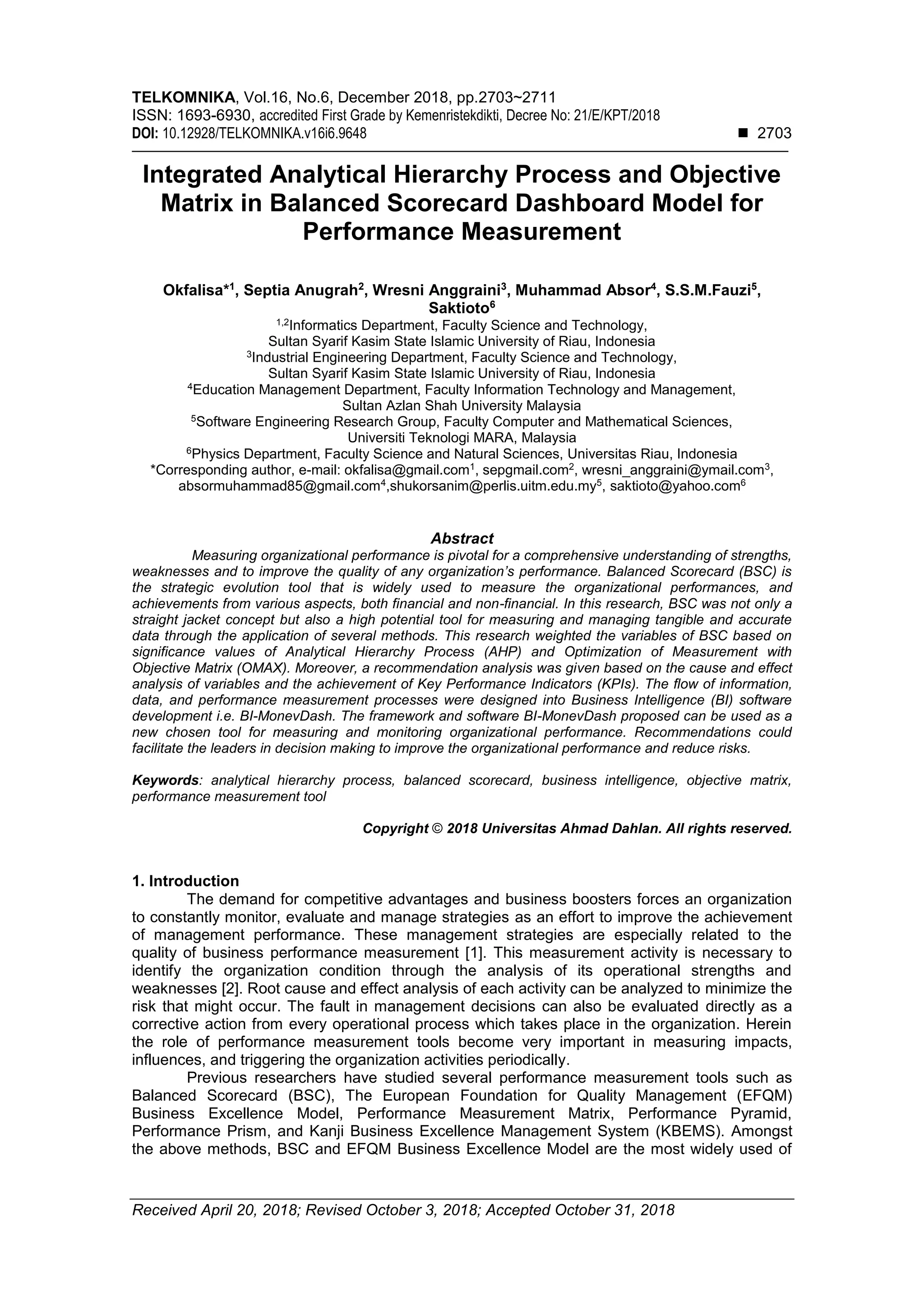 Integrated Analytical Hierarchy Process and Objective Matrix in Balanced Scorecard Dashboard ...