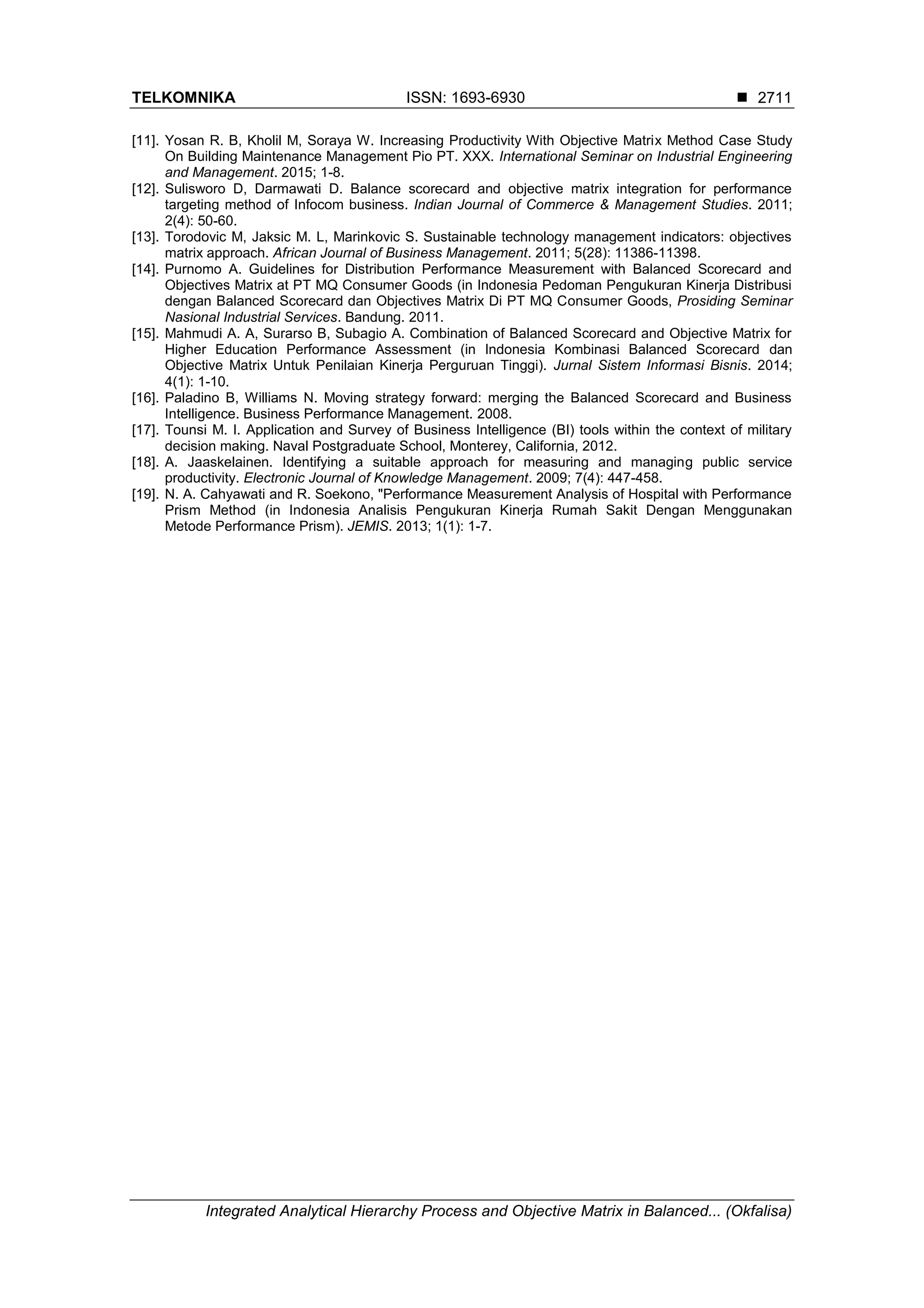 Integrated Analytical Hierarchy Process and Objective Matrix in Balanced Scorecard Dashboard ...