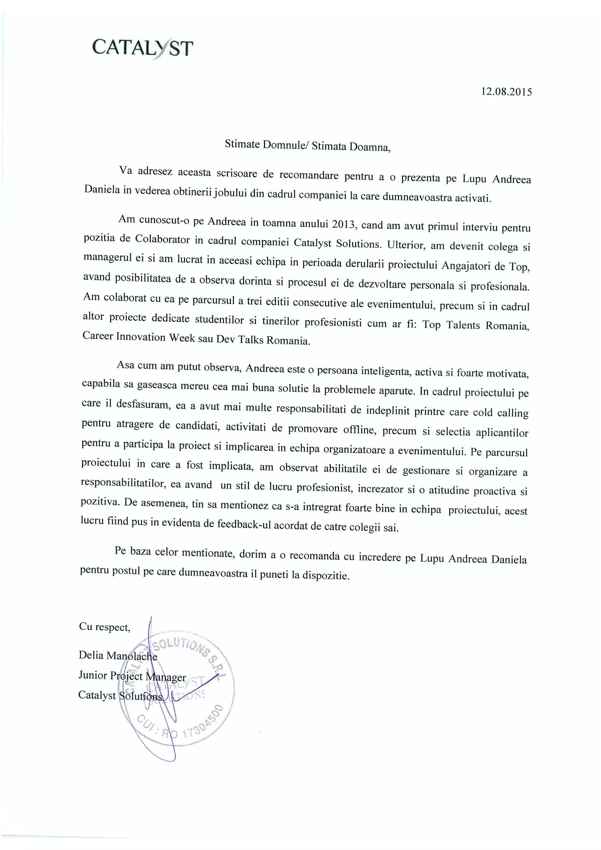 Scrisoare de recomandare_Manolache Delia, Project Manager Catalyst ...