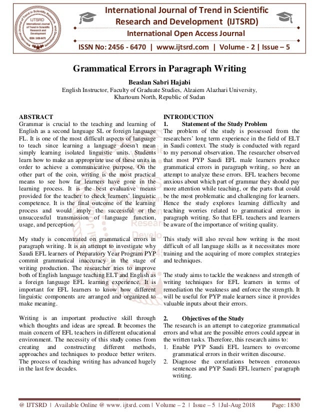 Grammatical Errors in Paragraph Writing Grammatical Errors in Paragraph Writing