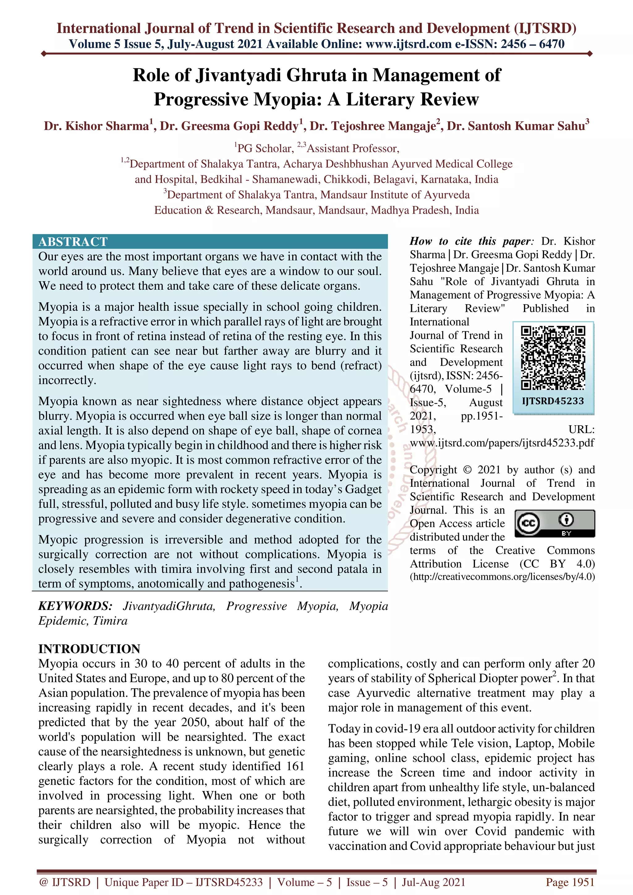 Role of Jivantyadi Ghruta in Management of Progressive Myopia A ...