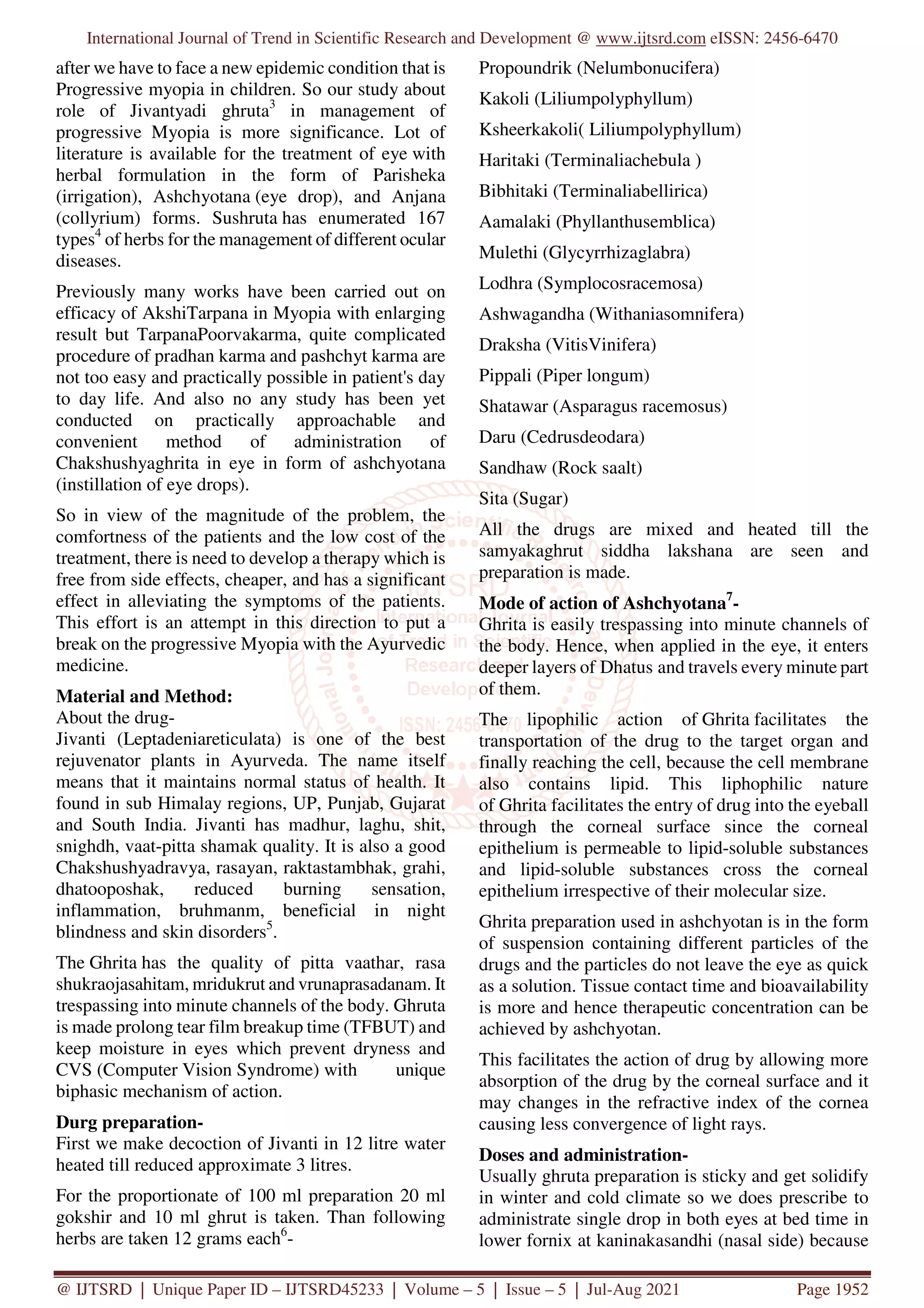 Role of Jivantyadi Ghruta in Management of Progressive Myopia A ...