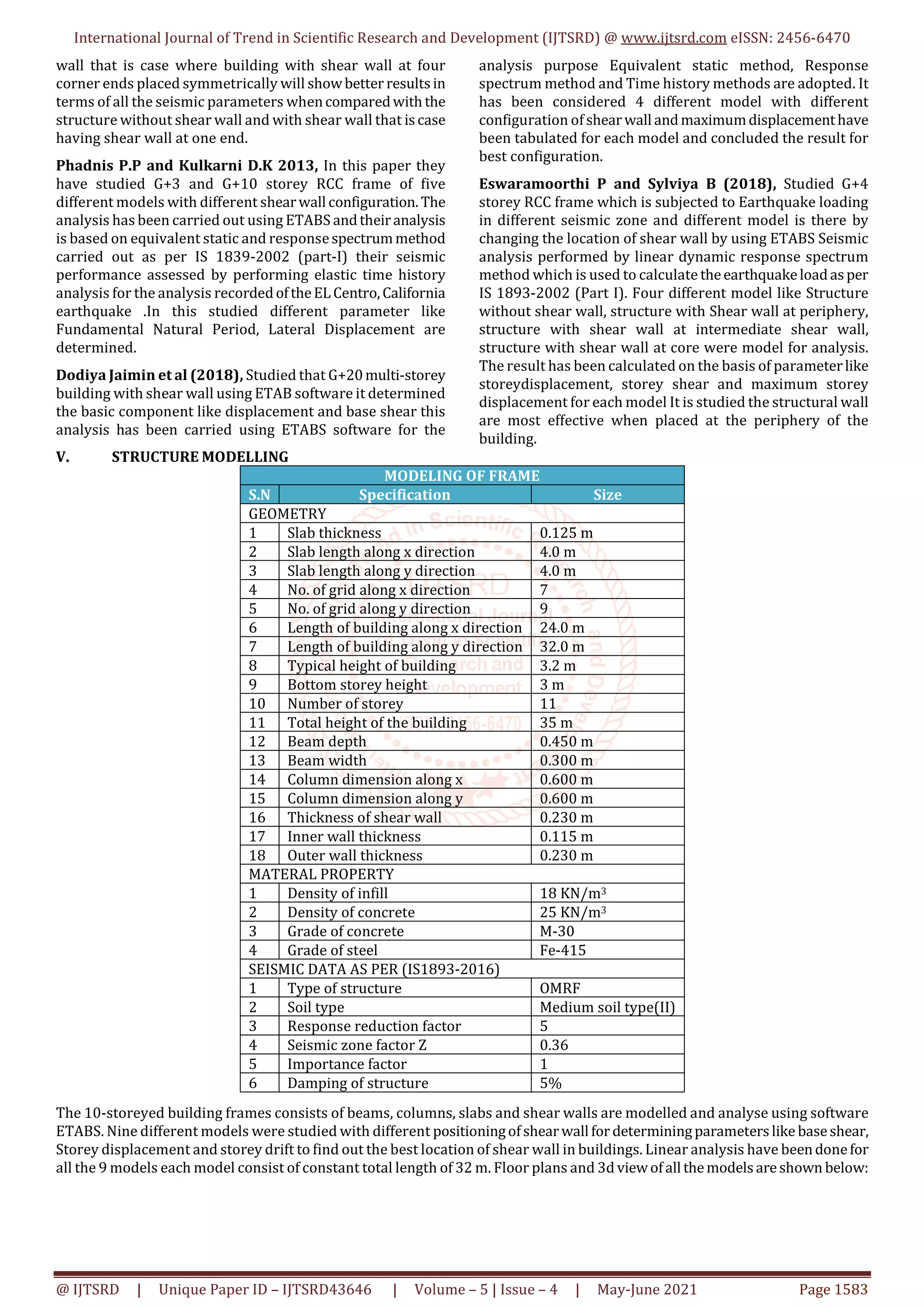 Seismic Analysis Of G 10 Storey Building With Various Locations Of Shear Walls Using Etabs Pdf