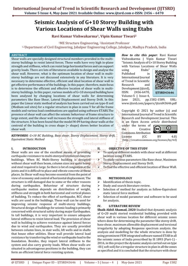 Seismic Analysis of G 10 Storey Building with Various Locations of Shear Walls using Etabs | PDF ...